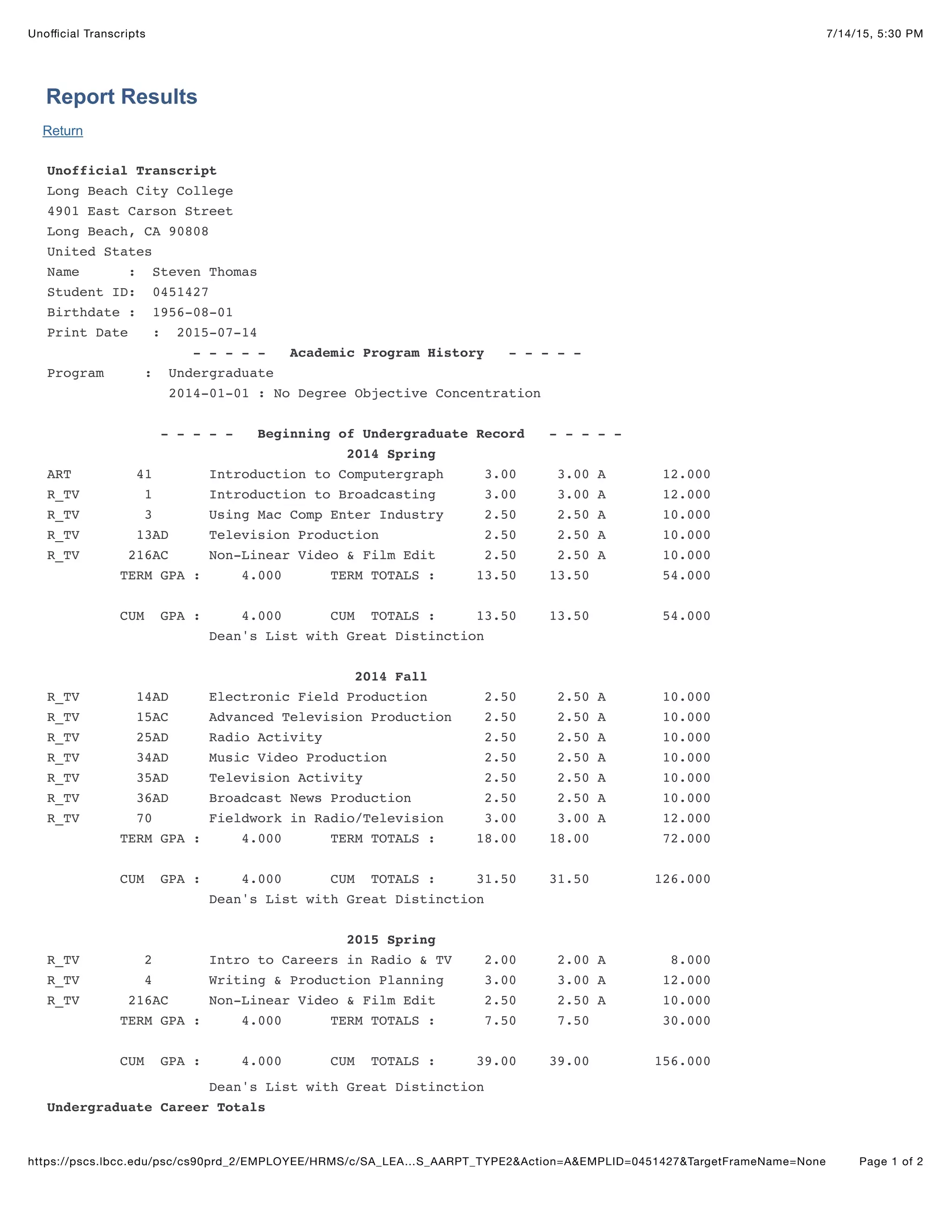 Unofficial Transcripts LBCC Spring 2015 | PDF