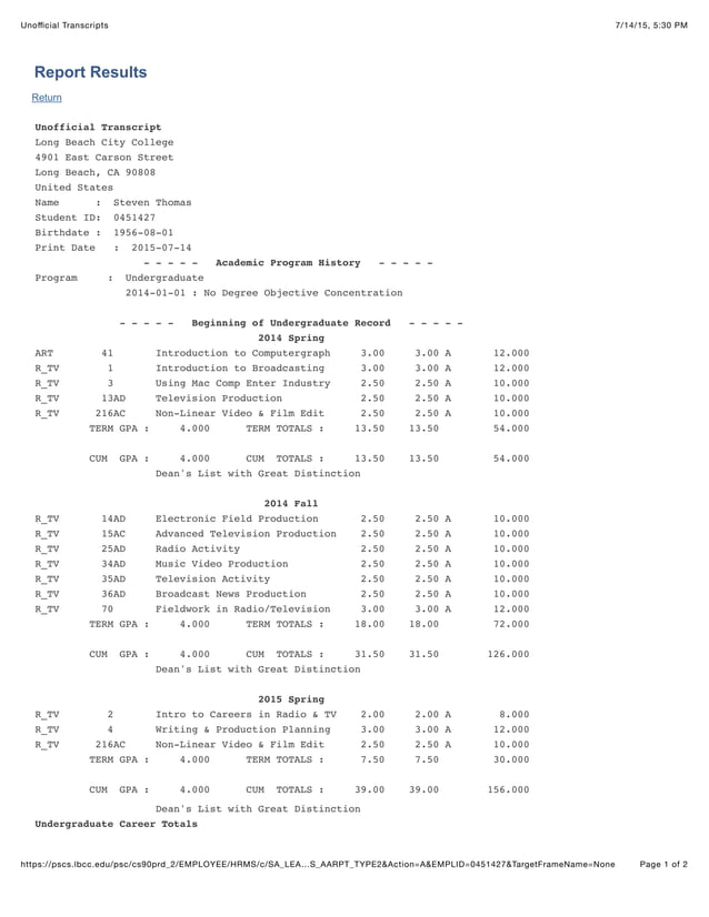 Unofficial Transcripts LBCC Spring 2015 | PDF