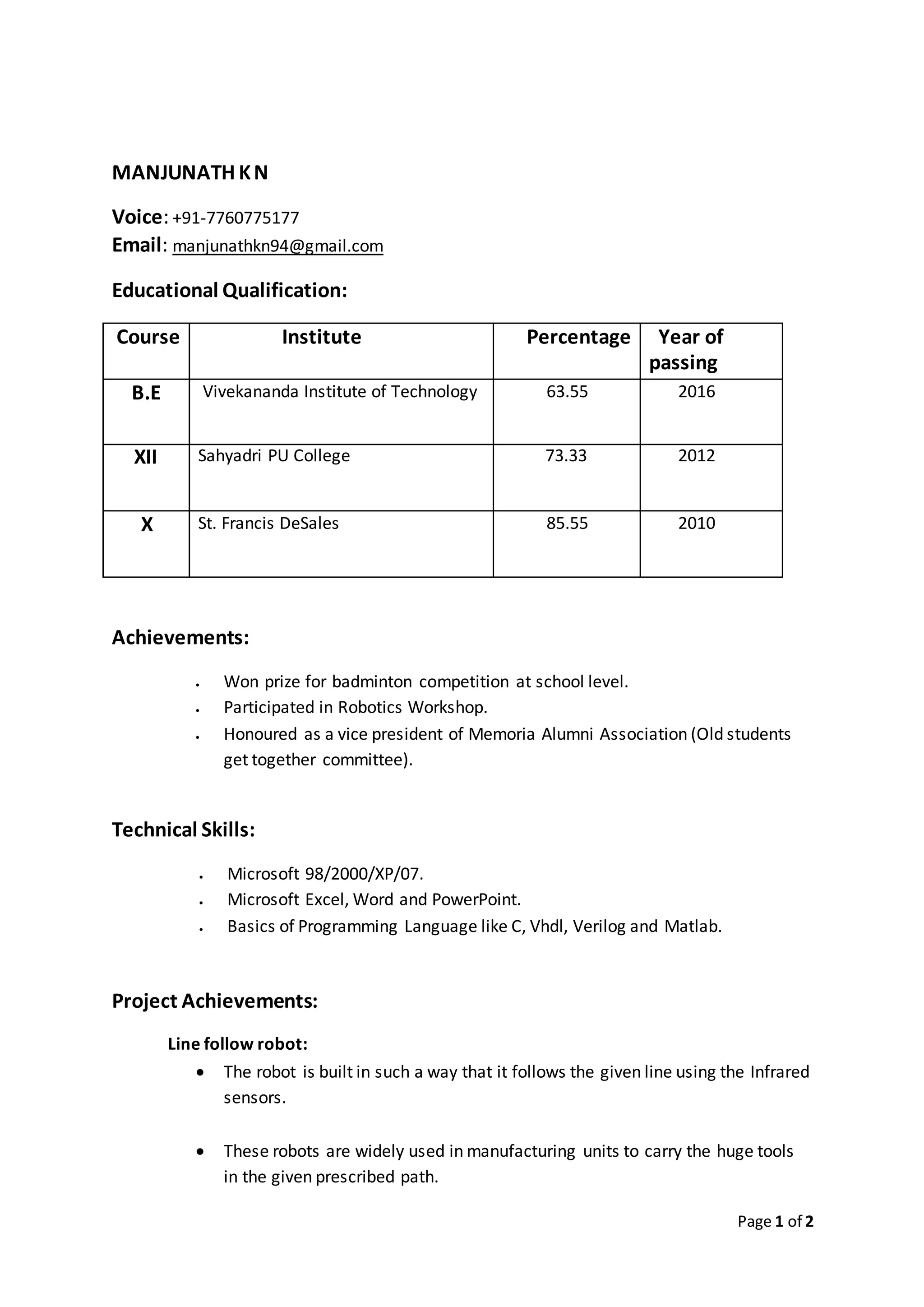 Manju CV | DOCX | Robotics | Technology & Computing