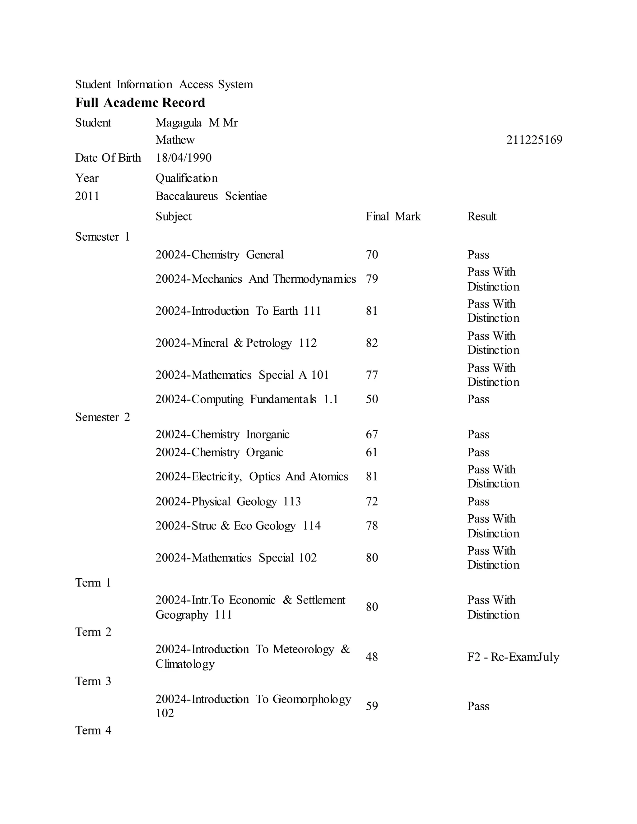 mathew Full Academic record[1] | DOCX