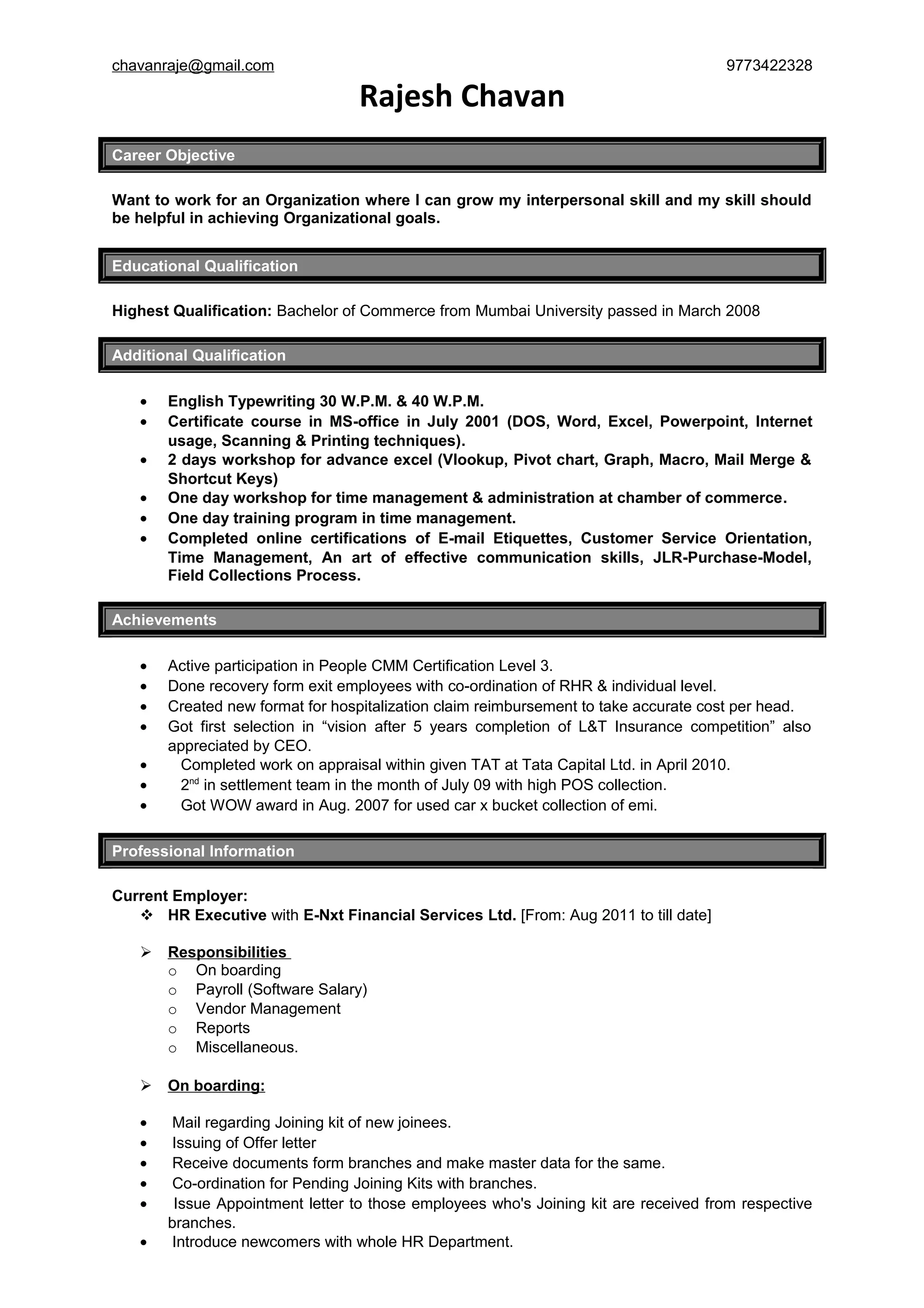 Rajesh_Chavan-HRMIS Executive-Wagle Estate-Thane-updated | DOC | Resume Writing and Advice | Job ...