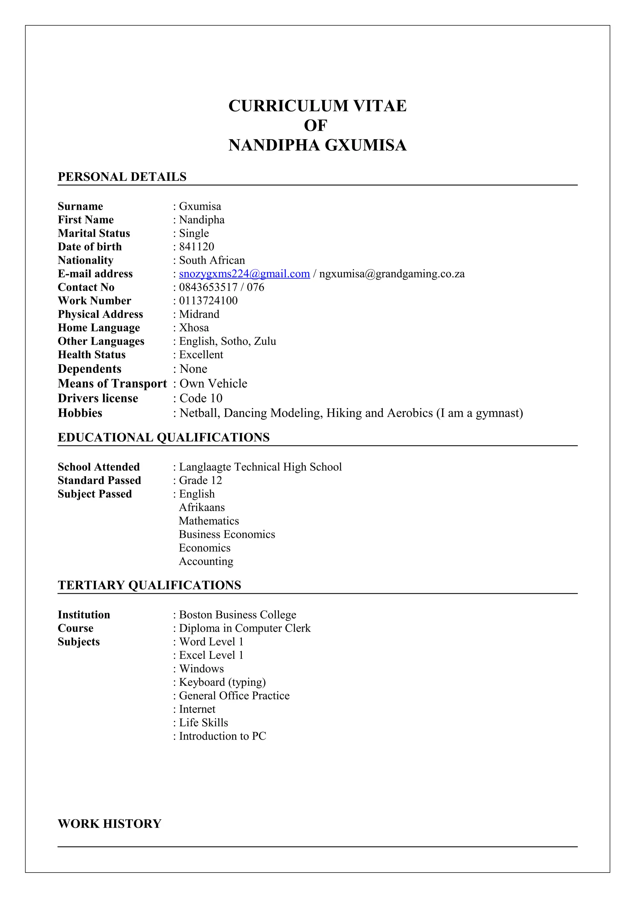 NANDIPHA GXUMISA ACTING CV | PDF