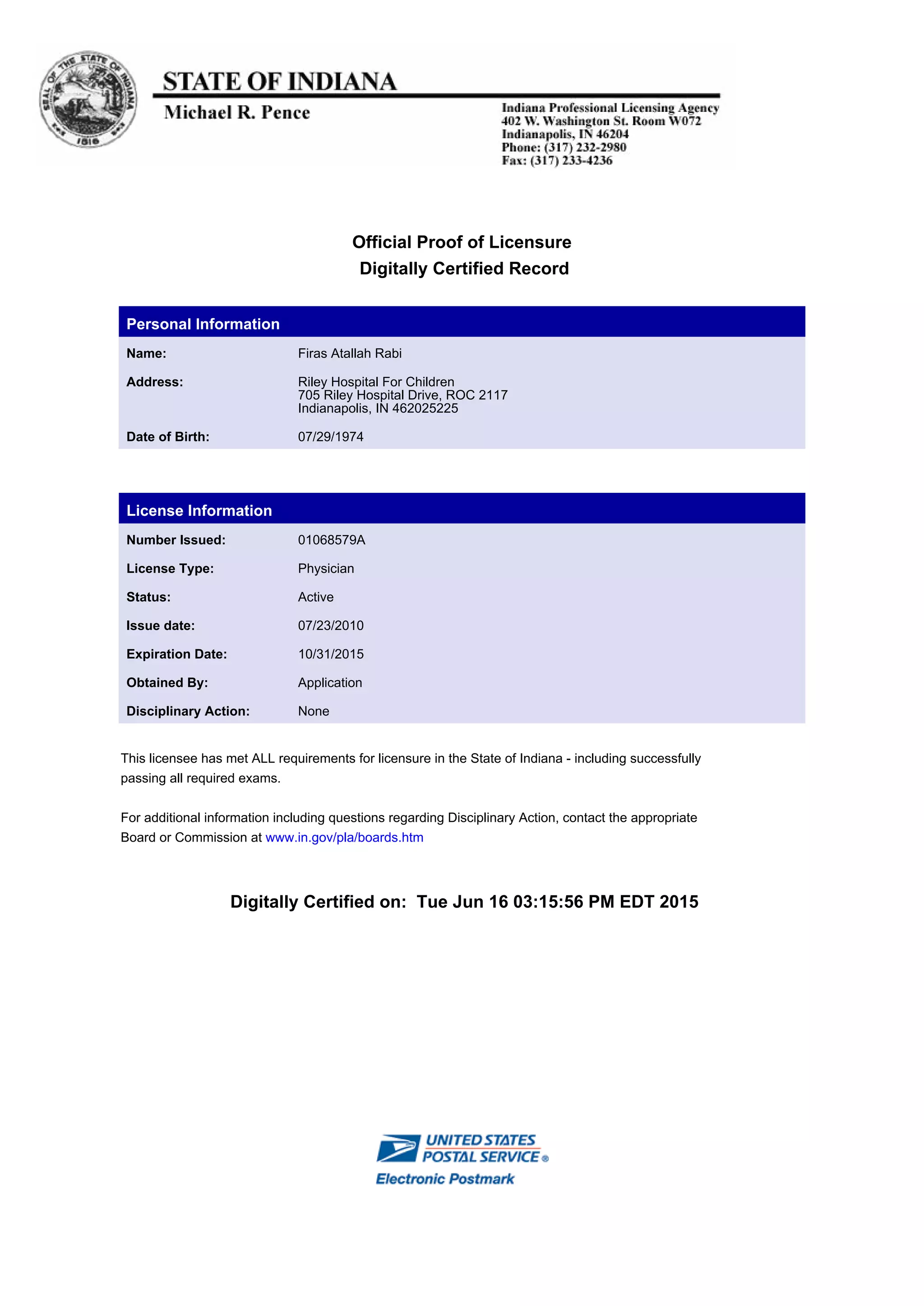 Indiana License Digital Certificate | PDF