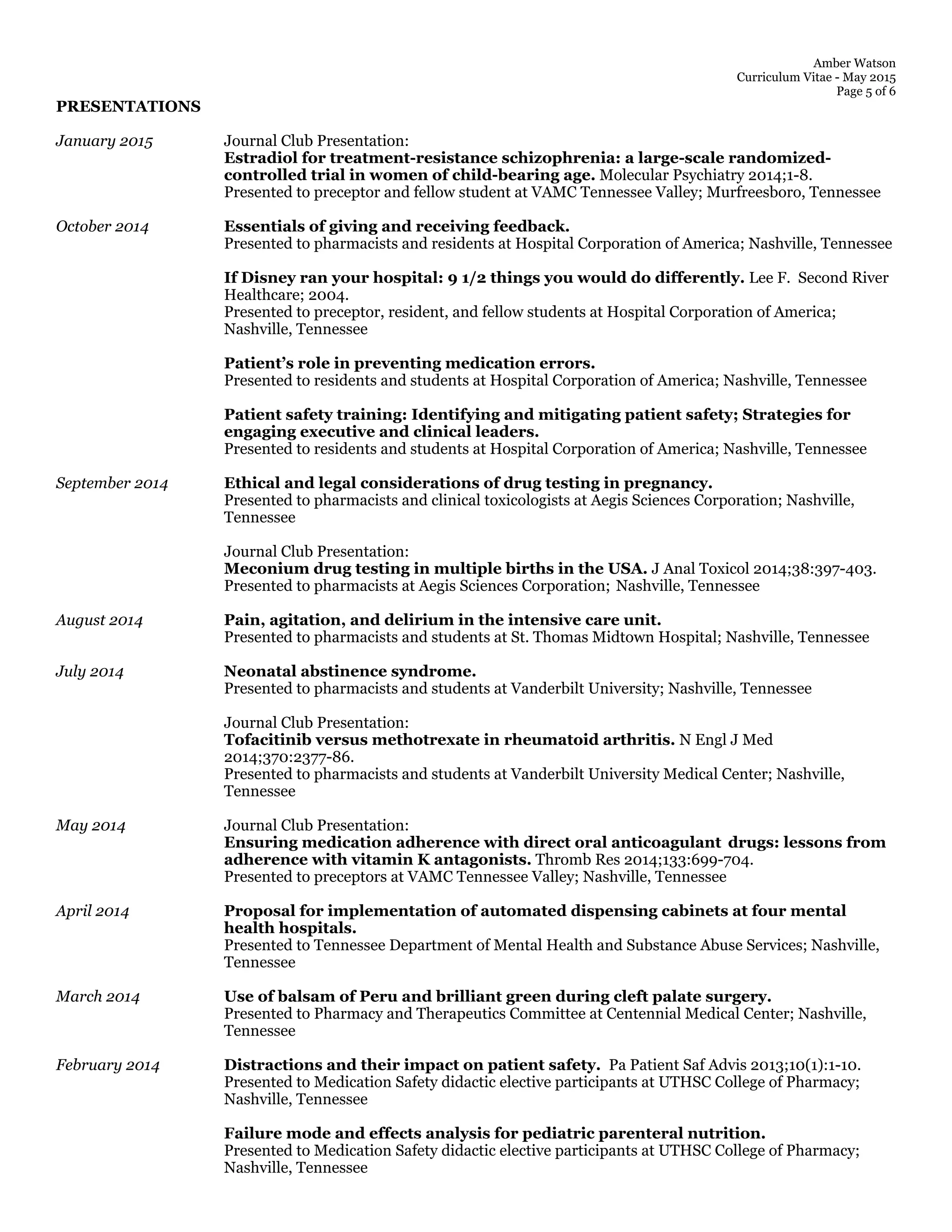 Amber R. Watson CV May15 | PDF | Pharmaceutical Industry | Industries