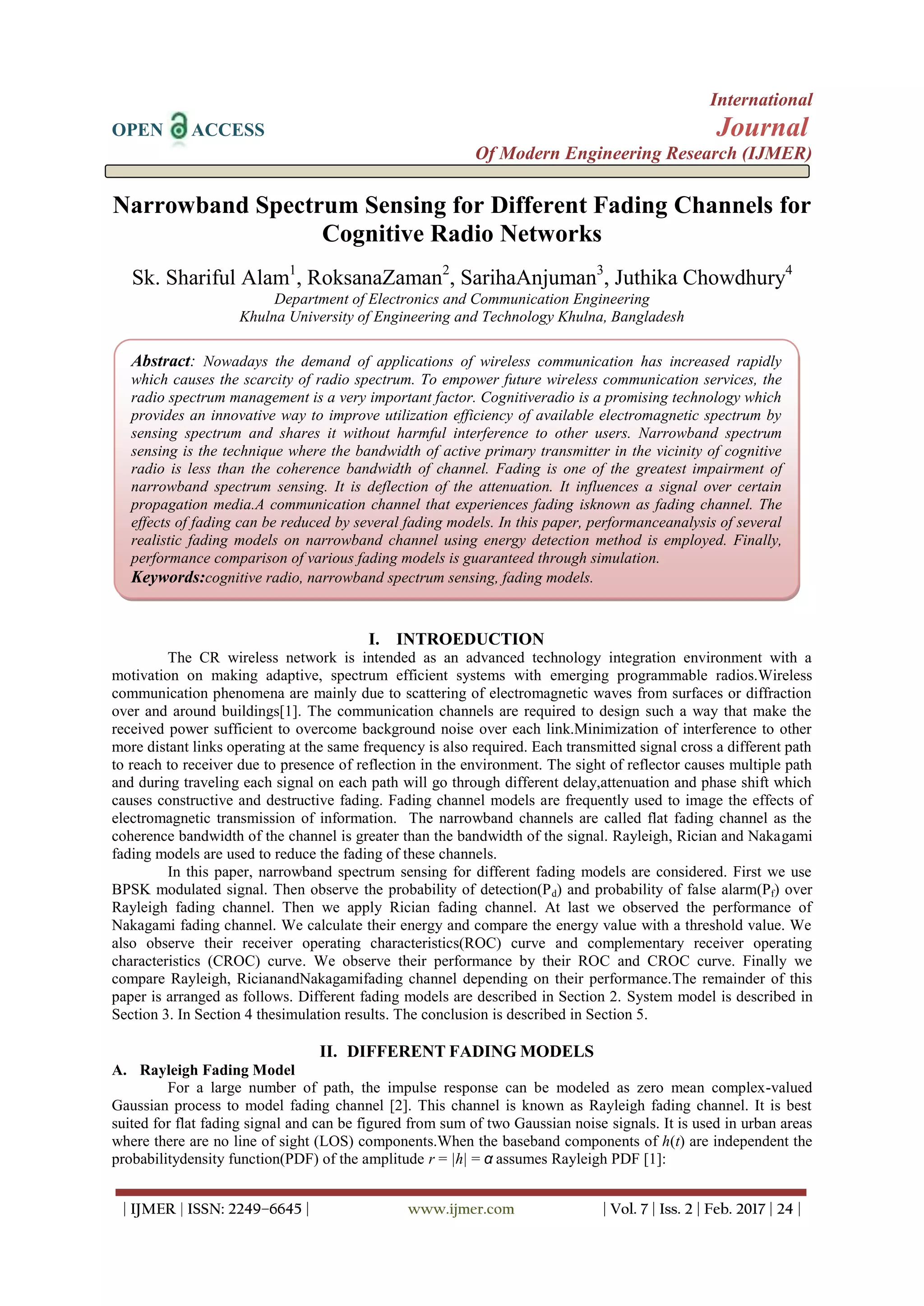 Narrowband Spectrum Sensing for Different Fading Channels for Cognitive Radio Networks | PDF ...