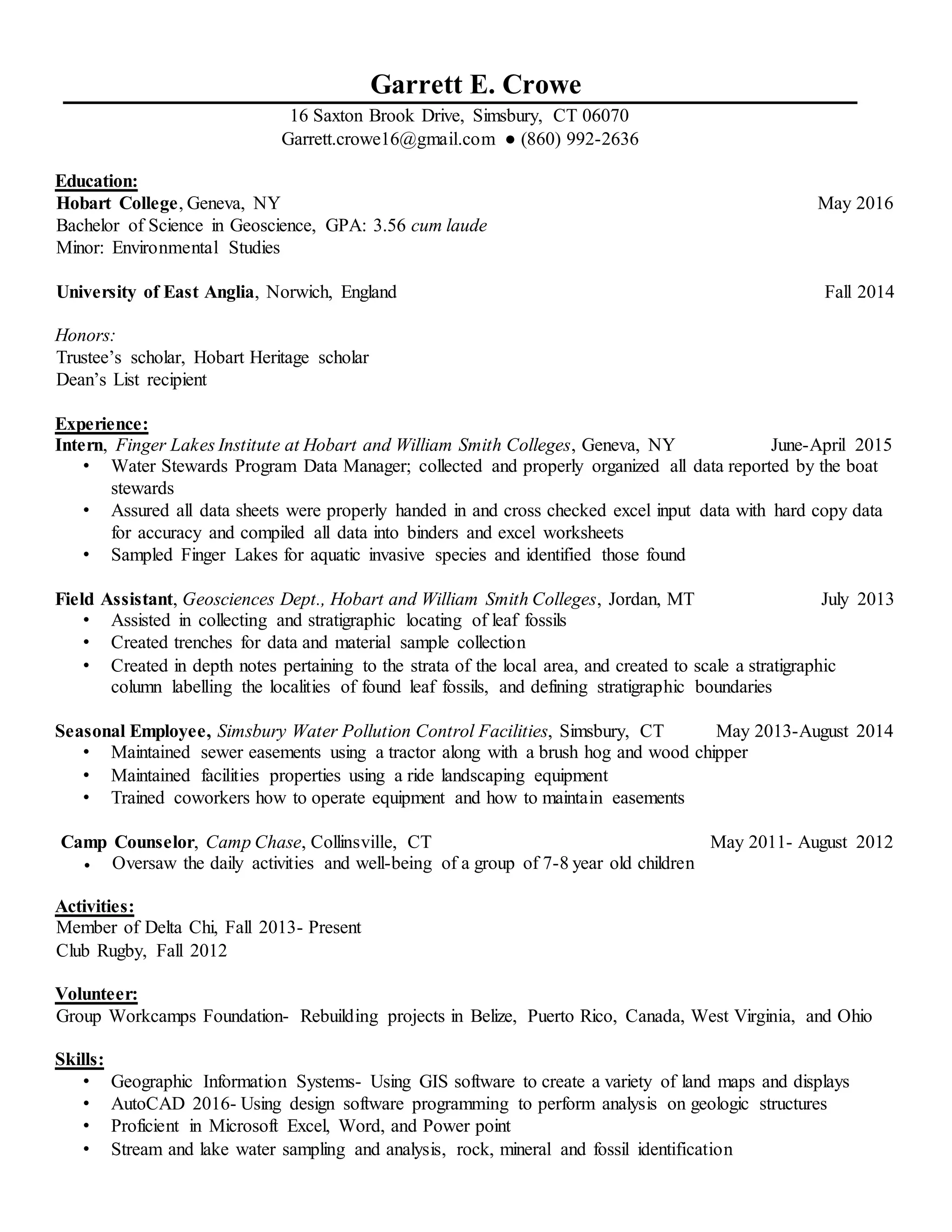 Garrett Crowe Resume PG | PDF
