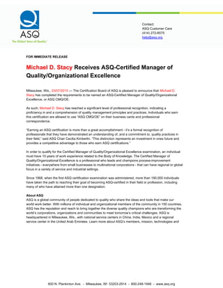 ASQ Certification Achievement for Michael D. Stacy | PDF