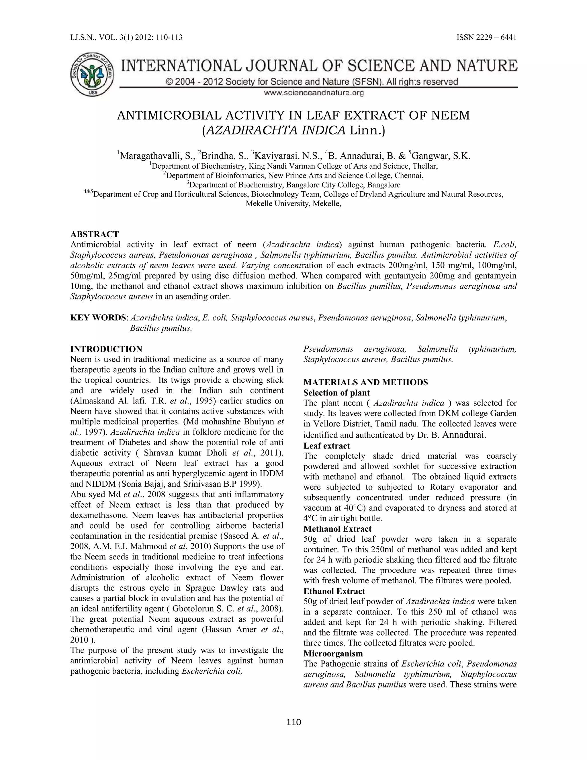44.Antimicrobial activity in leaf extract of Neem(Azadirachta indica Linn.) | PDF