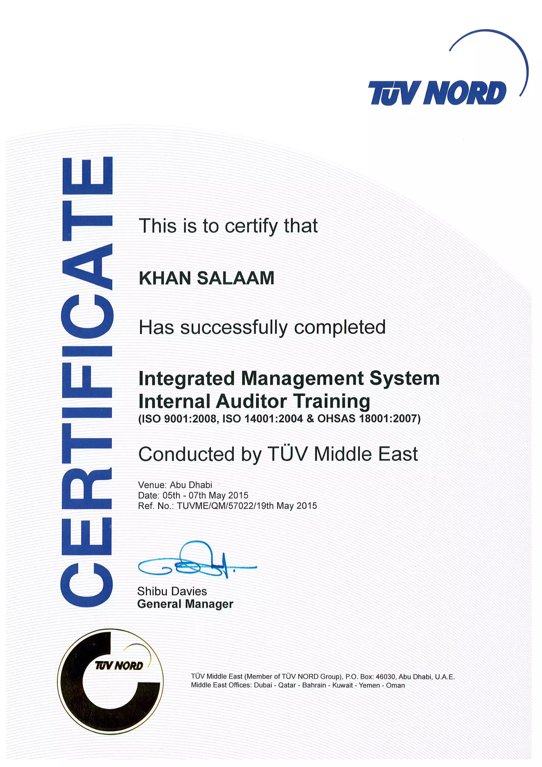 Khan salam TUV IMS Internal Auditor | PDF