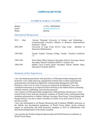 Patrick Maraa Tachin's Resume_15_04_16 | PDF | Non-Profit Organizations | Industries