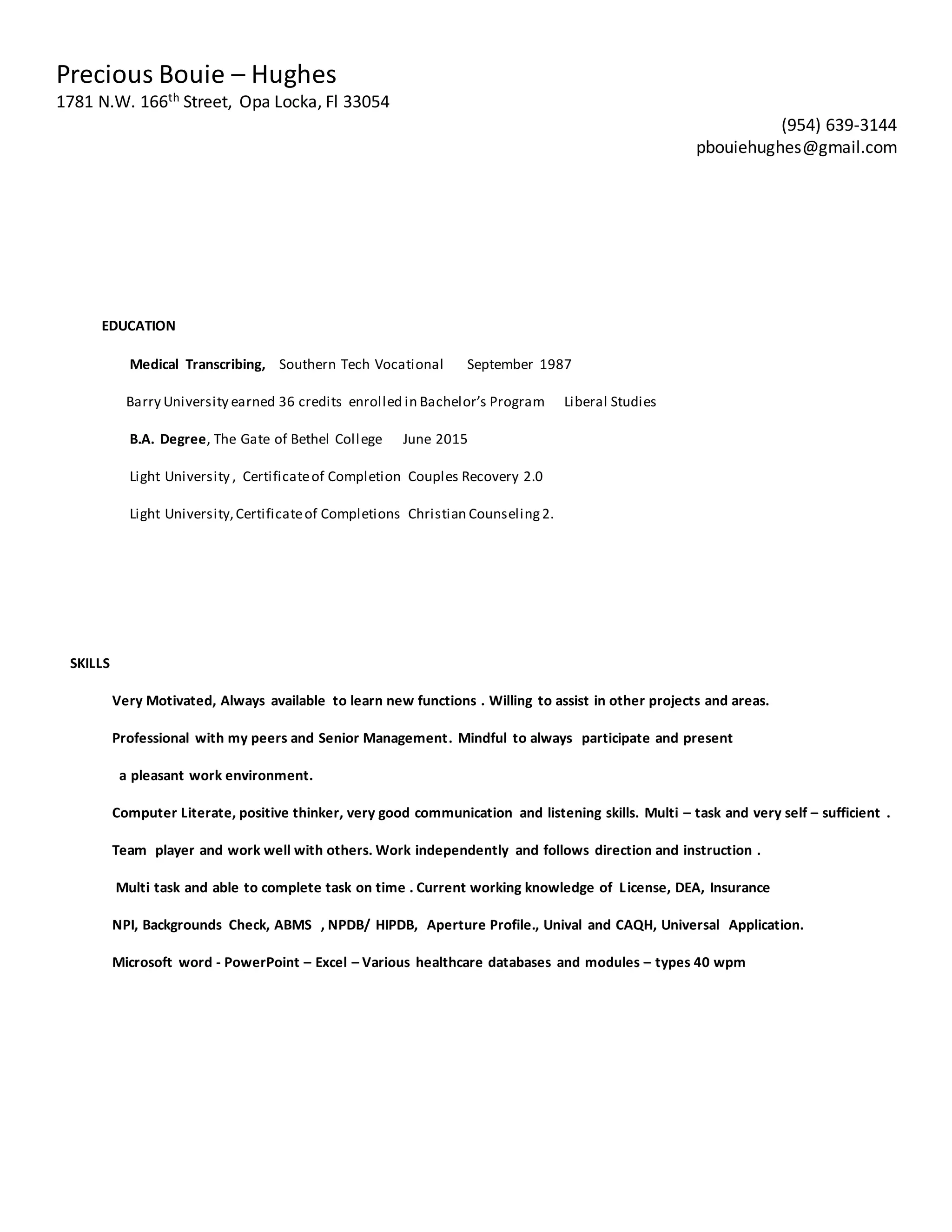 Precious' Bouie Resume | DOCX | Healthcare Industry | Industries