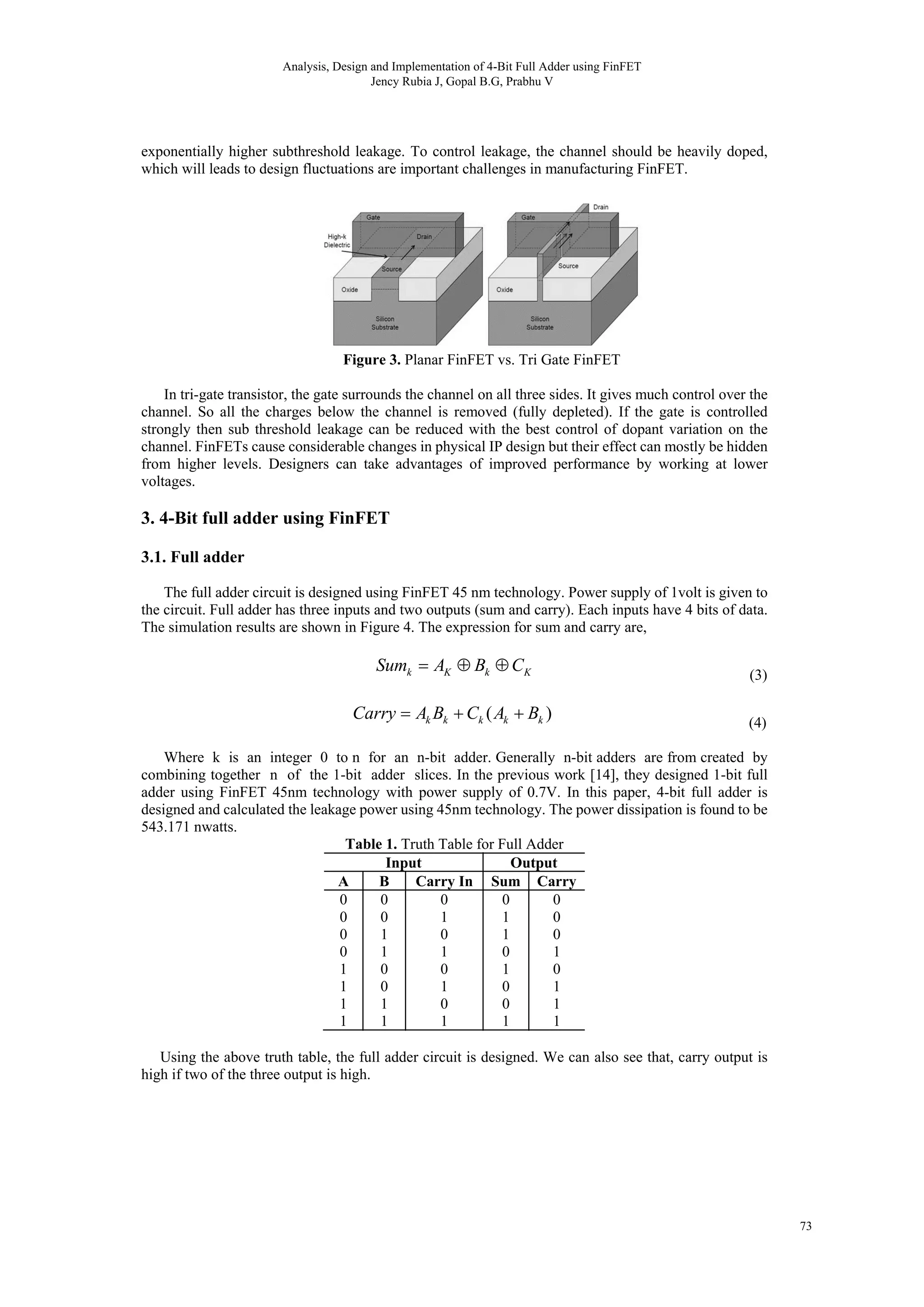 Analysis, Design and Implementation of 4-Bit Full Adder using FinFET | PDF