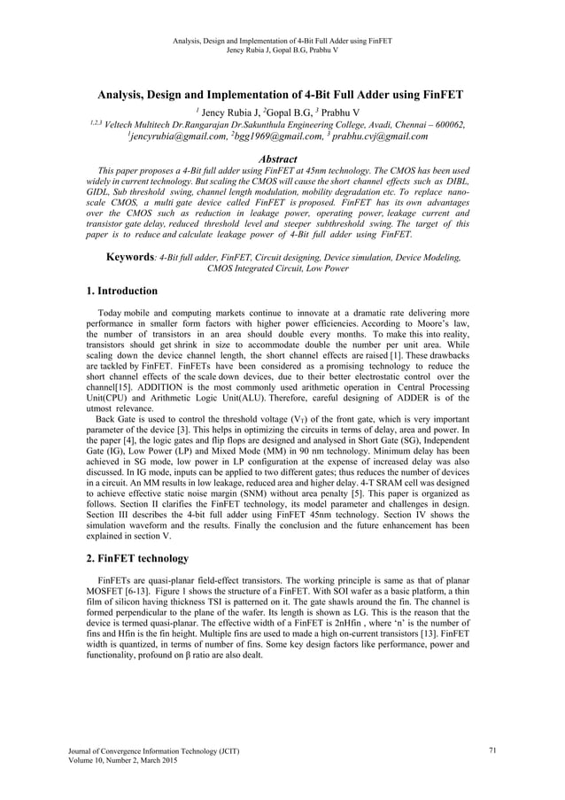 Analysis, Design and Implementation of 4-Bit Full Adder using FinFET | PDF