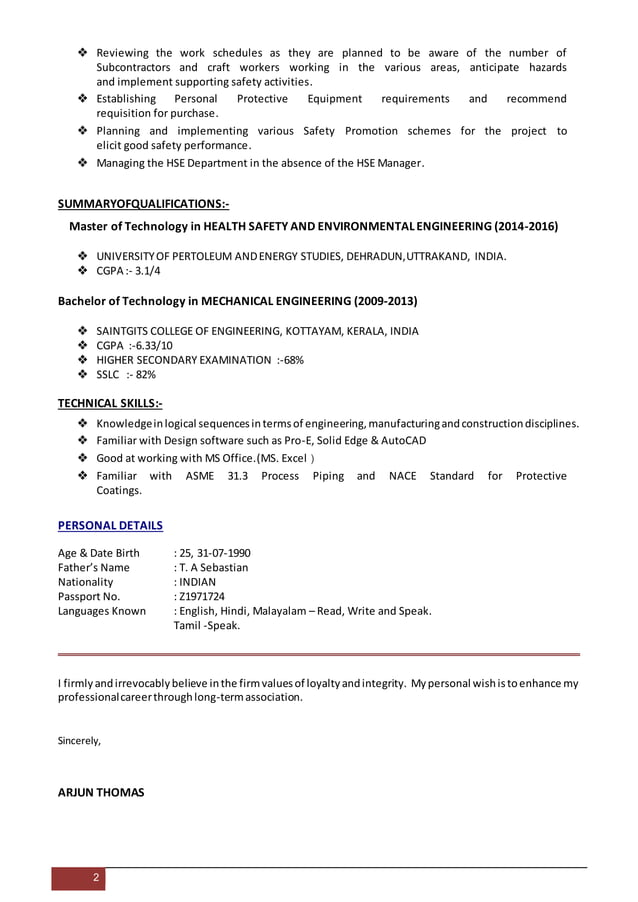 CV OF ARJUN THOMAS- HSE ENGINEER. | DOCX