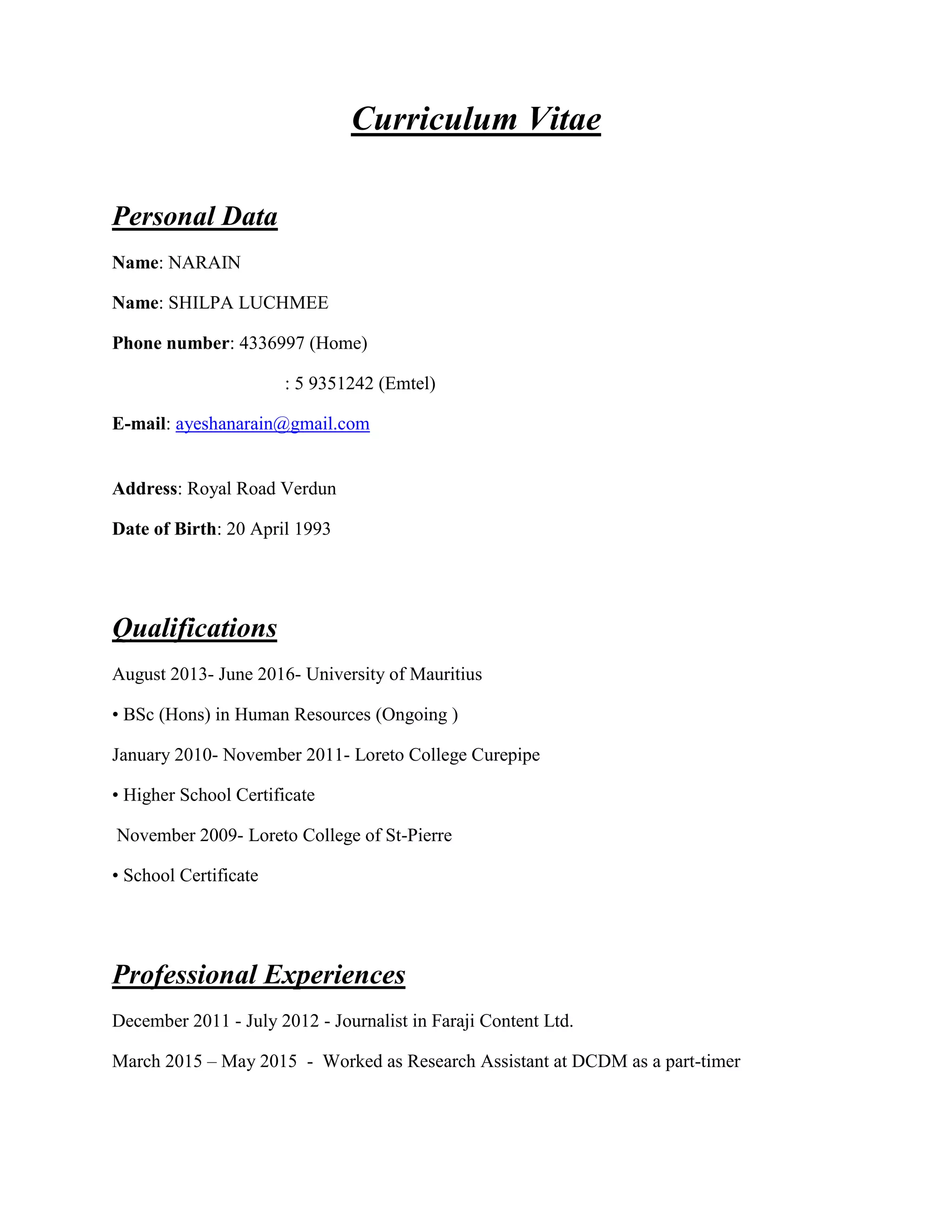Curriculum Vitae _ Narain Shilpa Luchmee | PDF