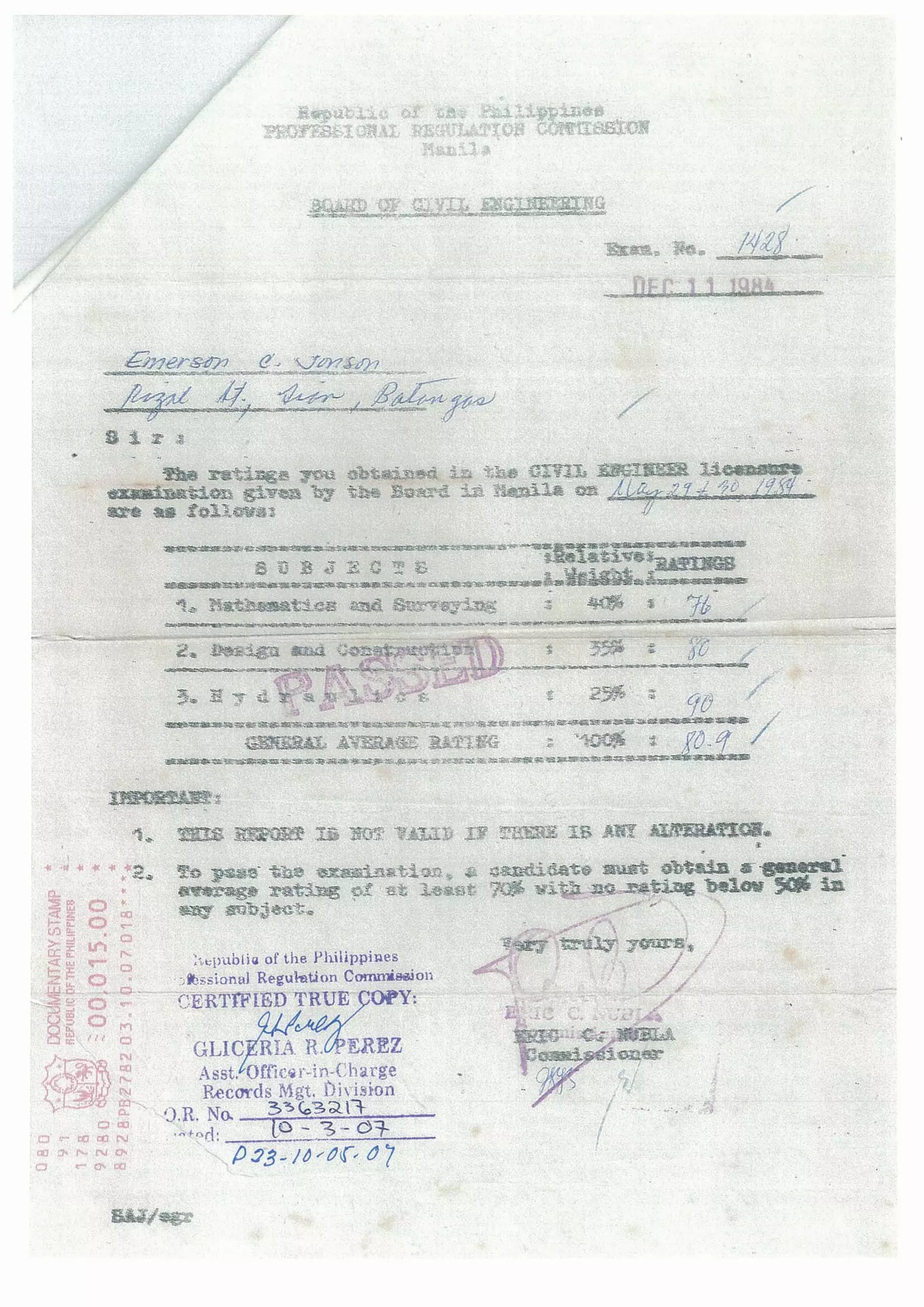 PRC Certified True Copy of Board Ratings | PDF