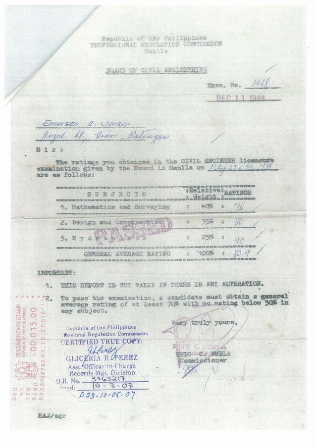 PRC Certified True Copy of Board Ratings | PDF