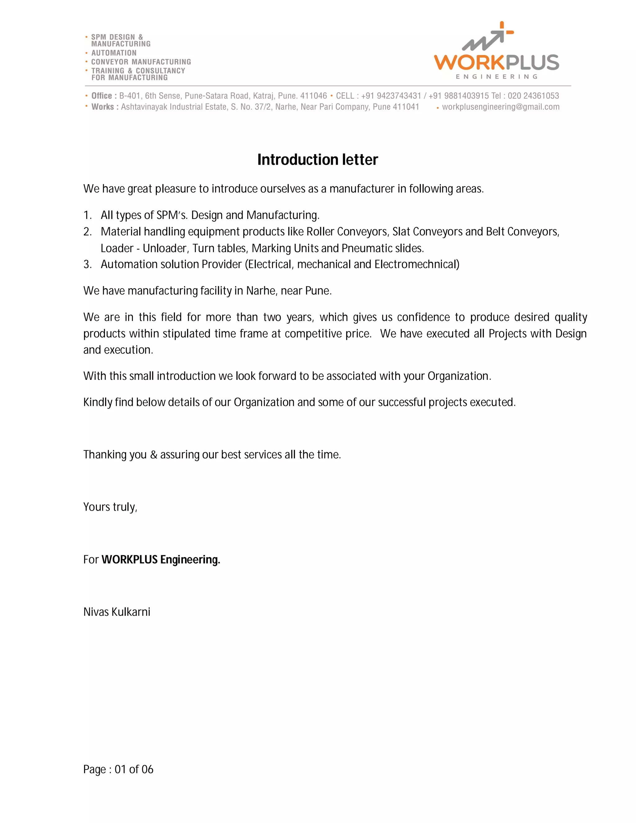Introduction letter_Workplus Engineering | PDF
