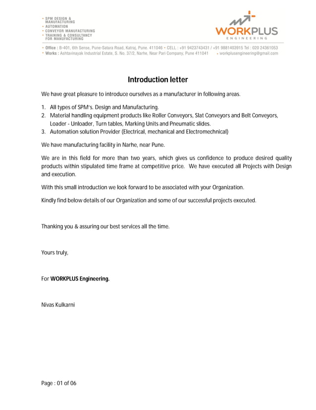Introduction letter_Workplus Engineering | PDF