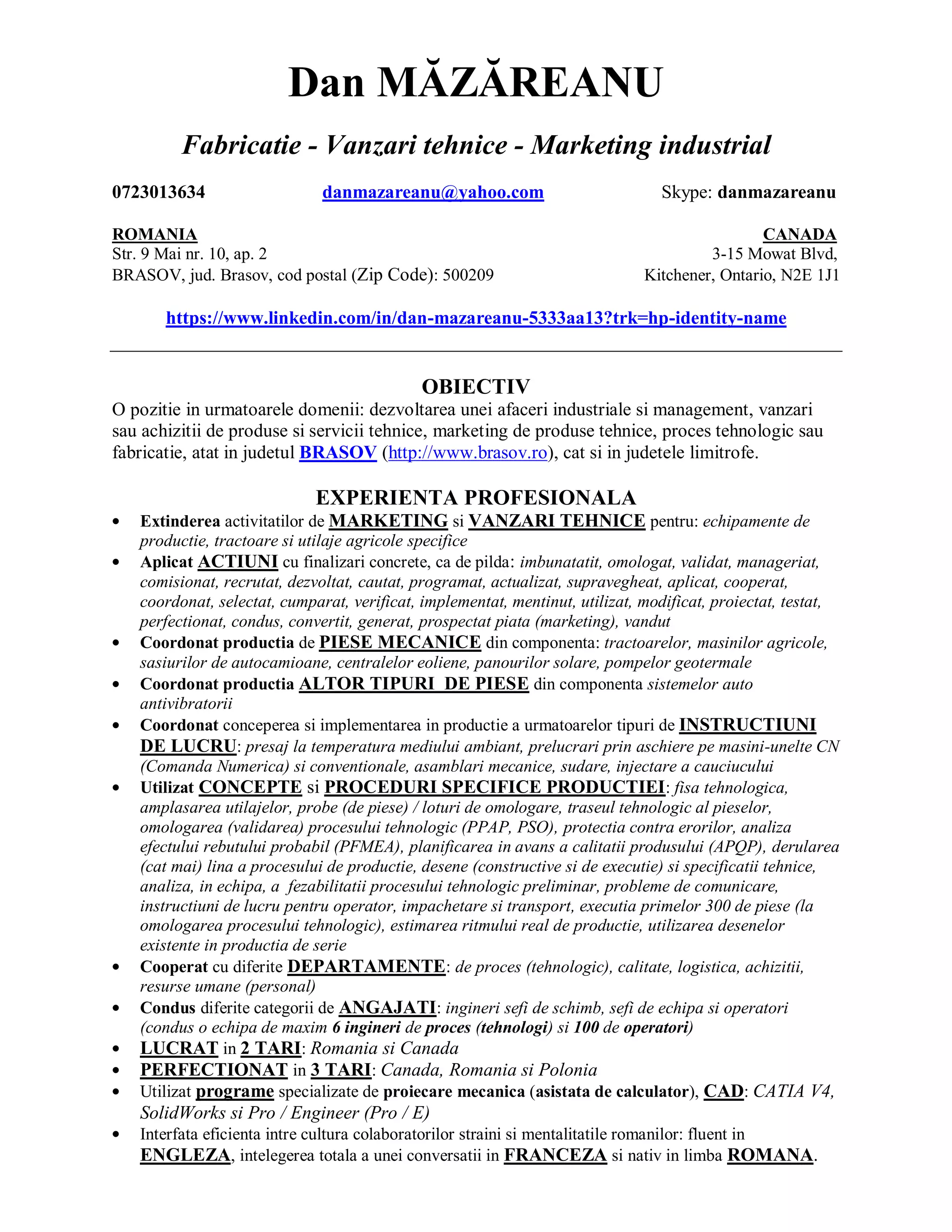CV - Dan MAZAREANU - Fabricatie - Vanzari tehnice - Marketing ...