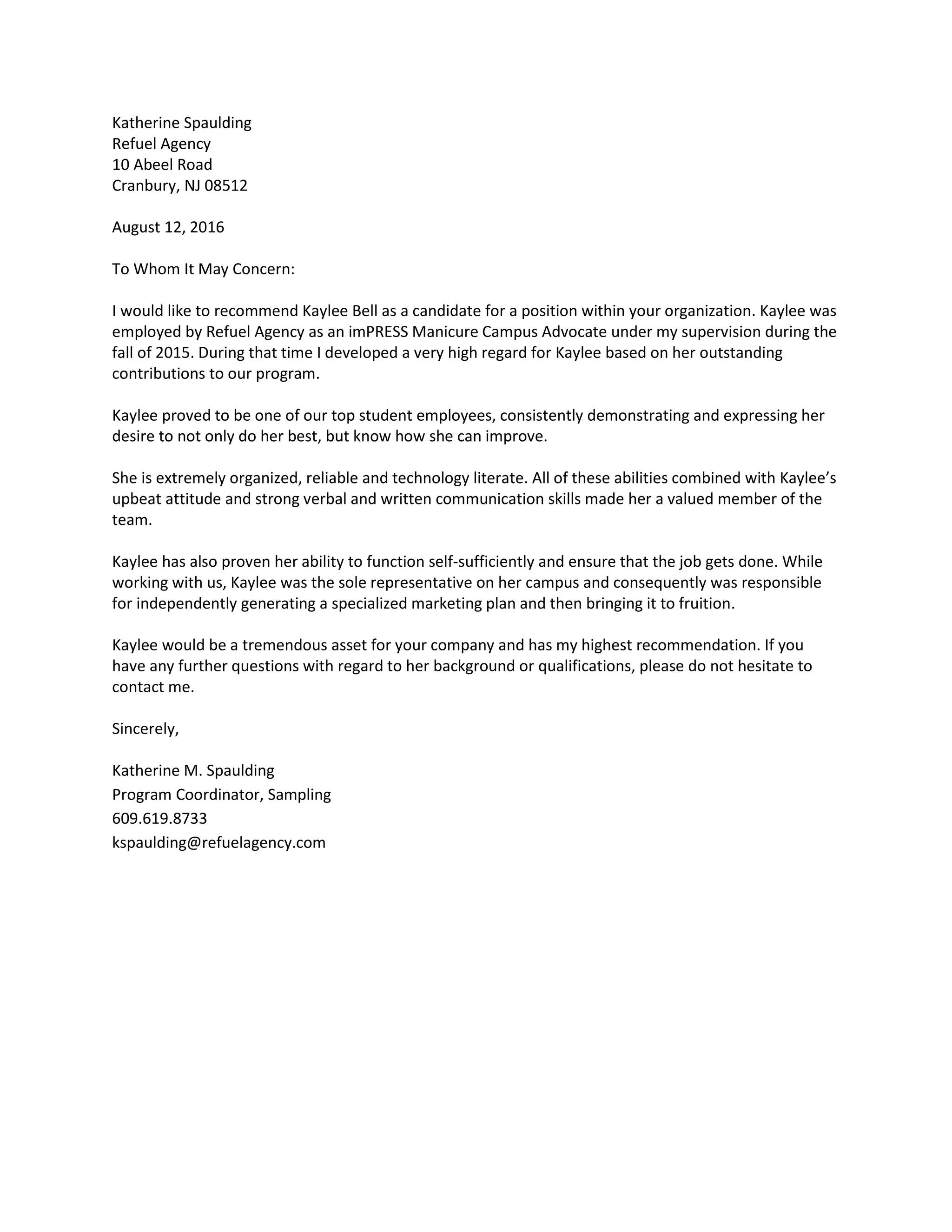 Kaylee Bell Letter of Reference Katie Spaulding | PDF