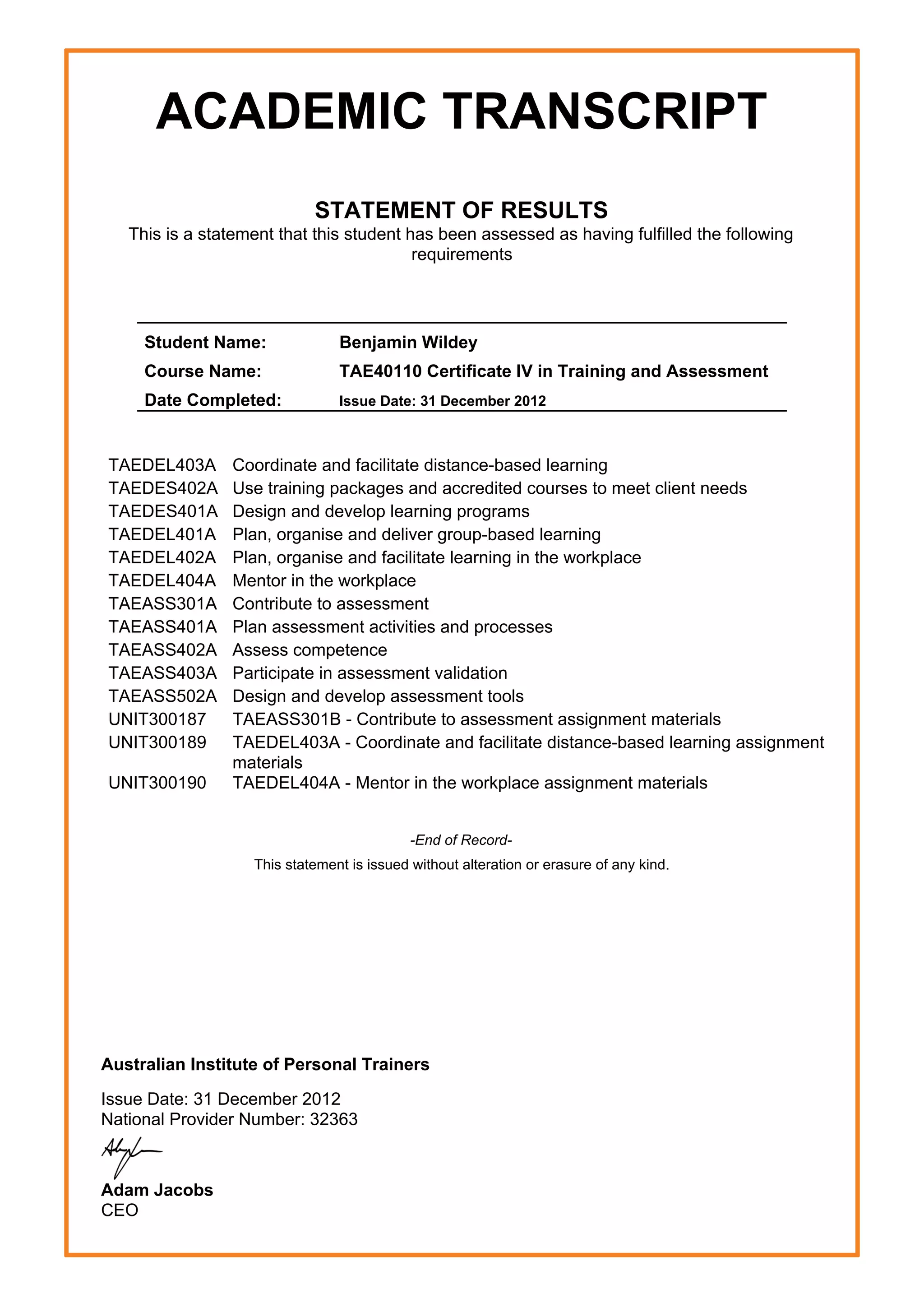 Certificate IV in Training and Assessment TAE40110 Transcript P1 | PDF | Education