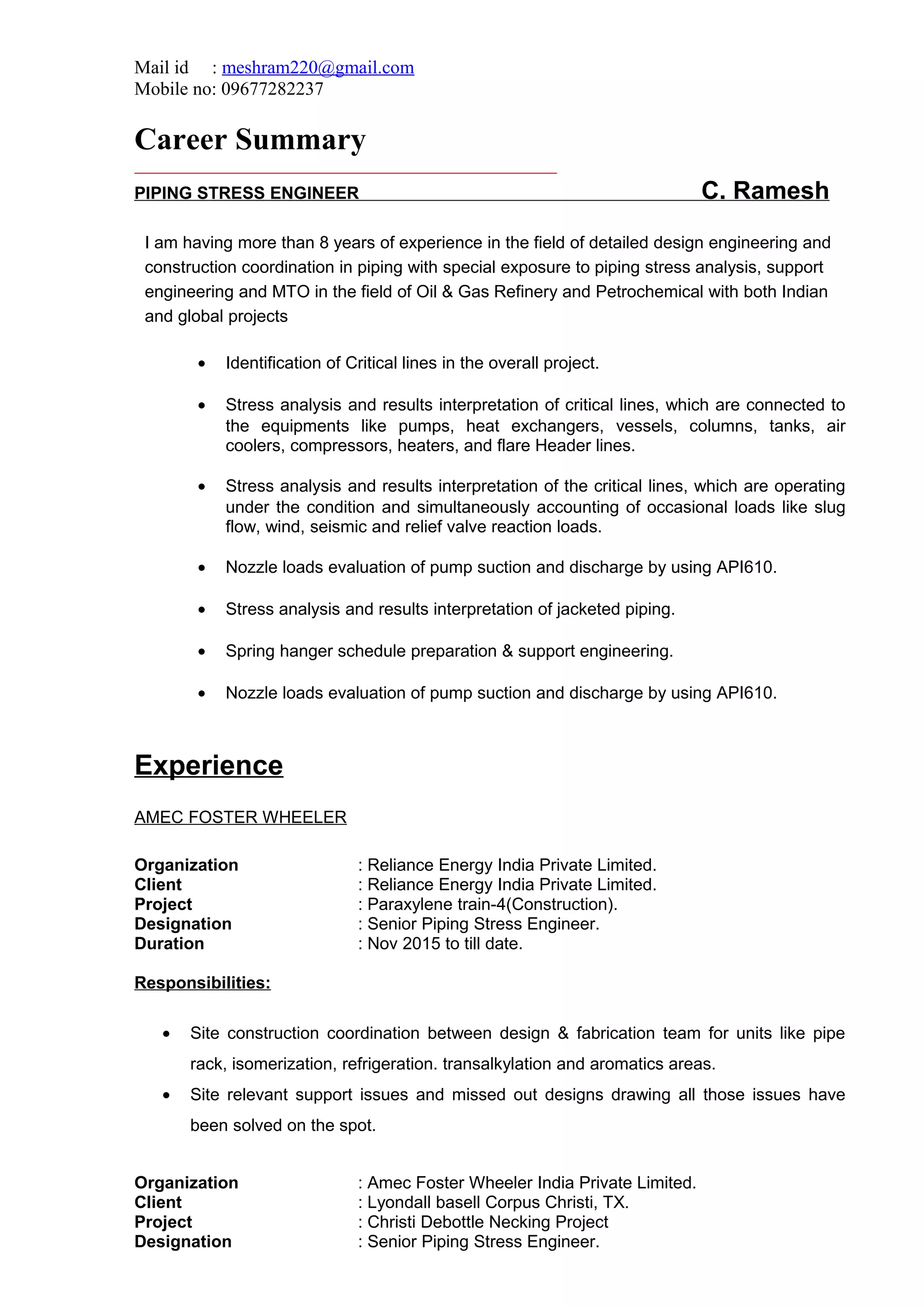 RAMESH PIPING STRESS ENGINEER | DOC