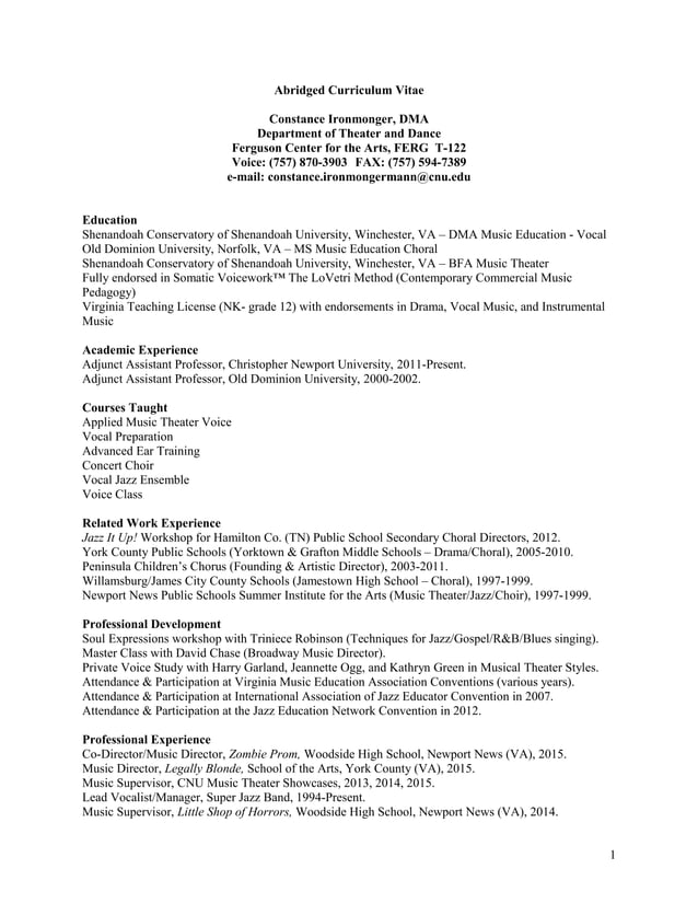 Abridged CV - Ironmonger 2015 | DOC | Jazz | Music