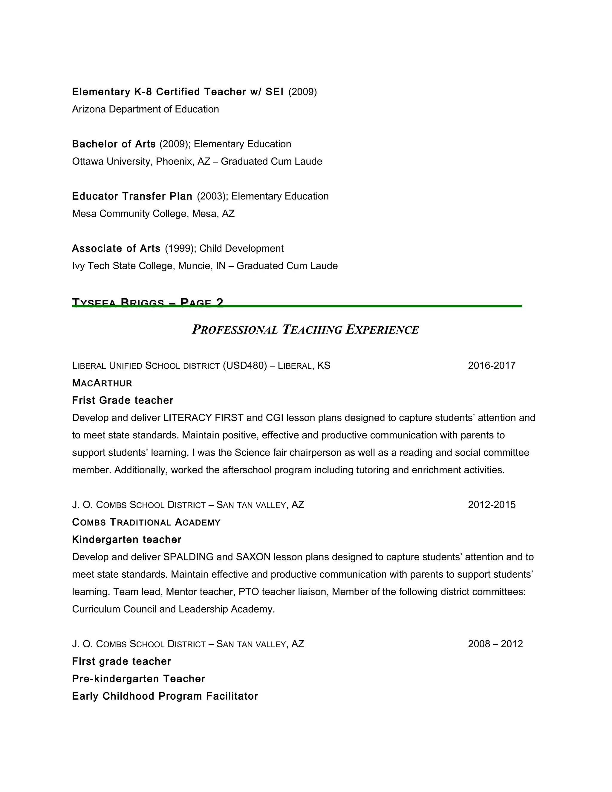 Tyseea Resume Jan 2017 | DOC | Professional School | Postgraduate Education