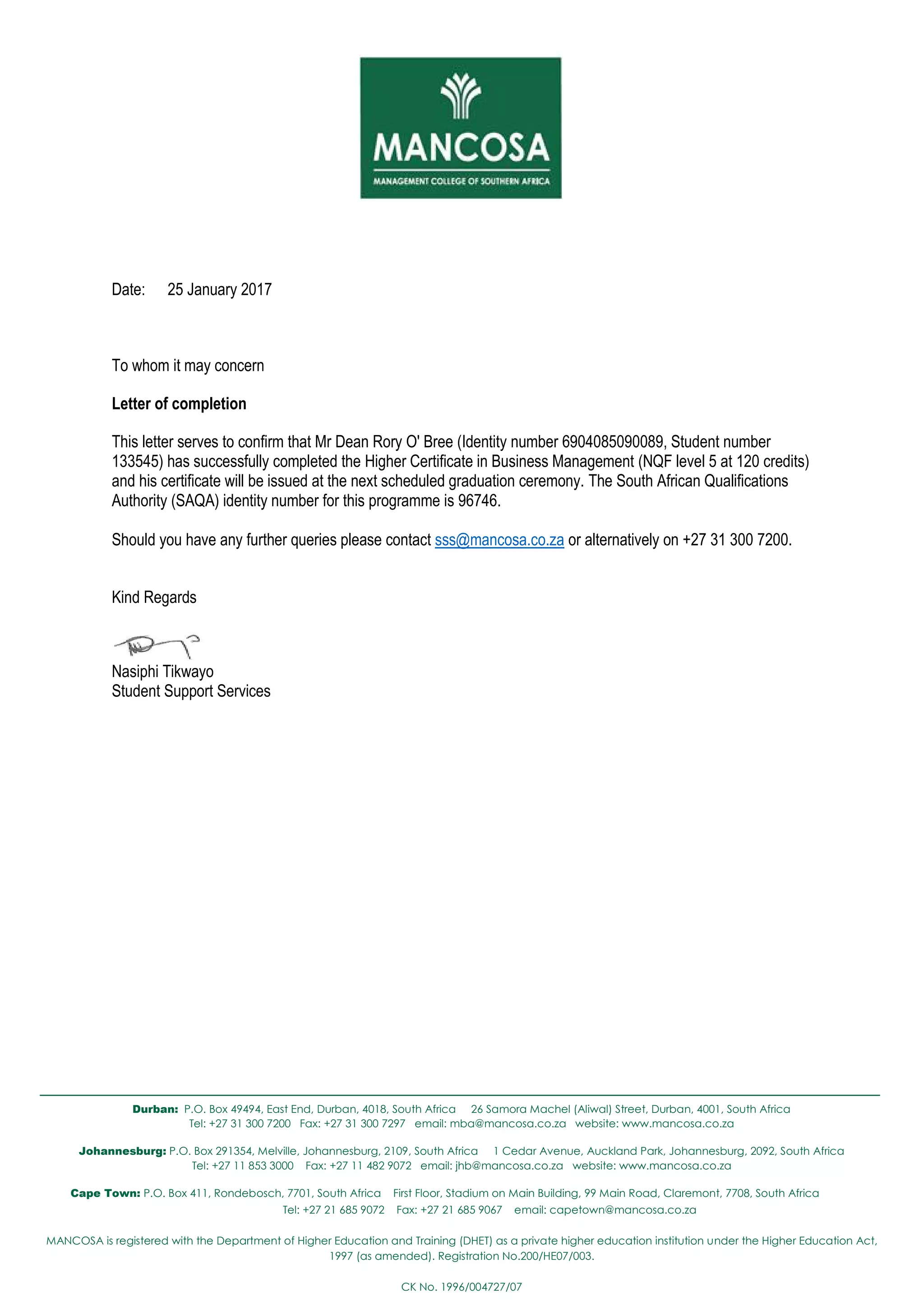 133545 -Letter of completion | PDF