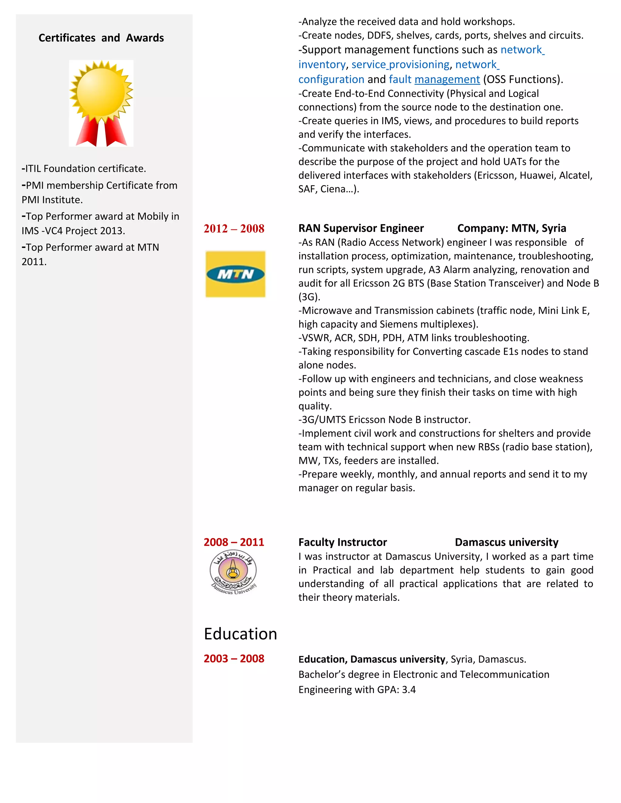 Resume Telecom Engineer Doc