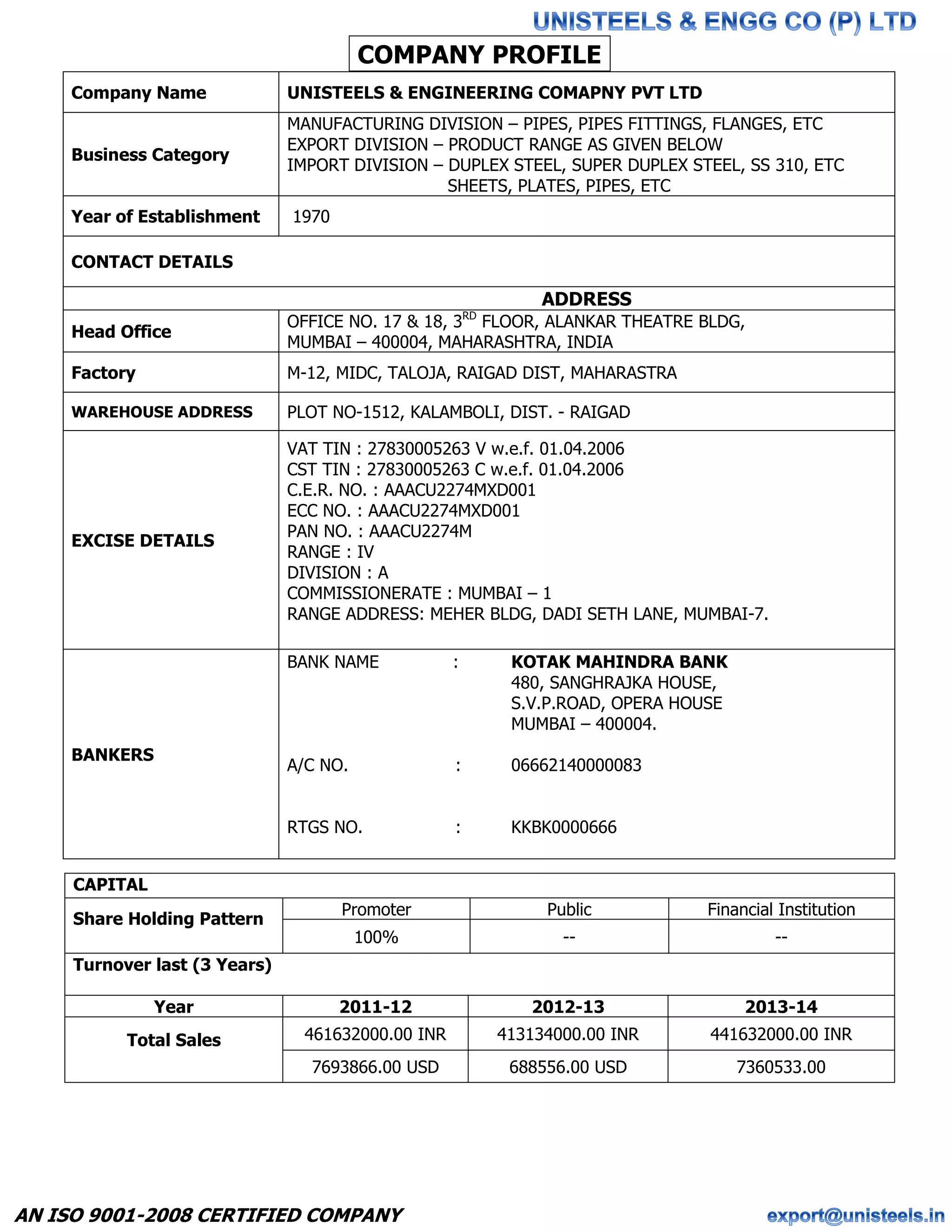 UNISTEELS COMPANY PROFILE PRODUCT RANGE | PDF