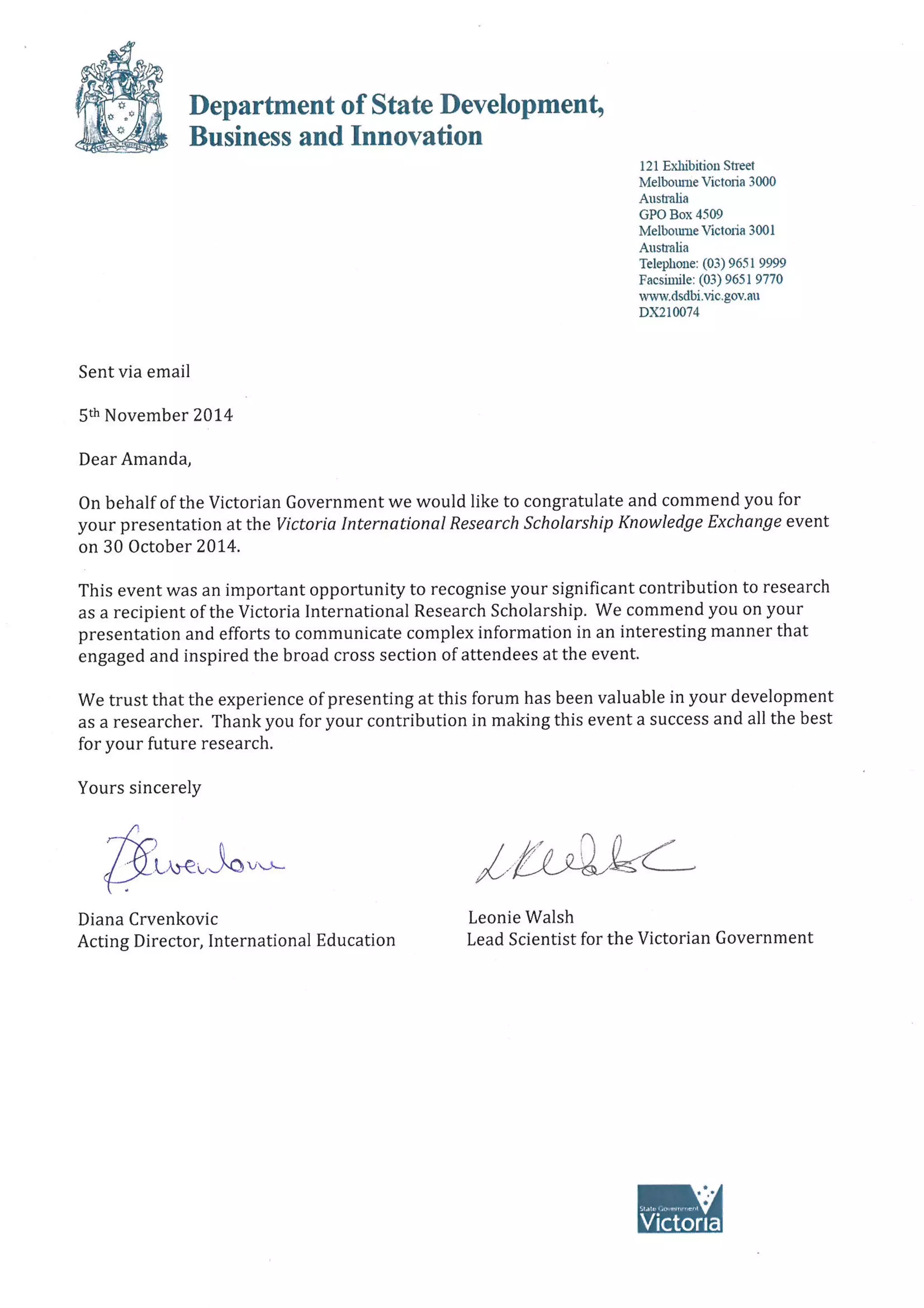 recognition letter for Amanda | PDF