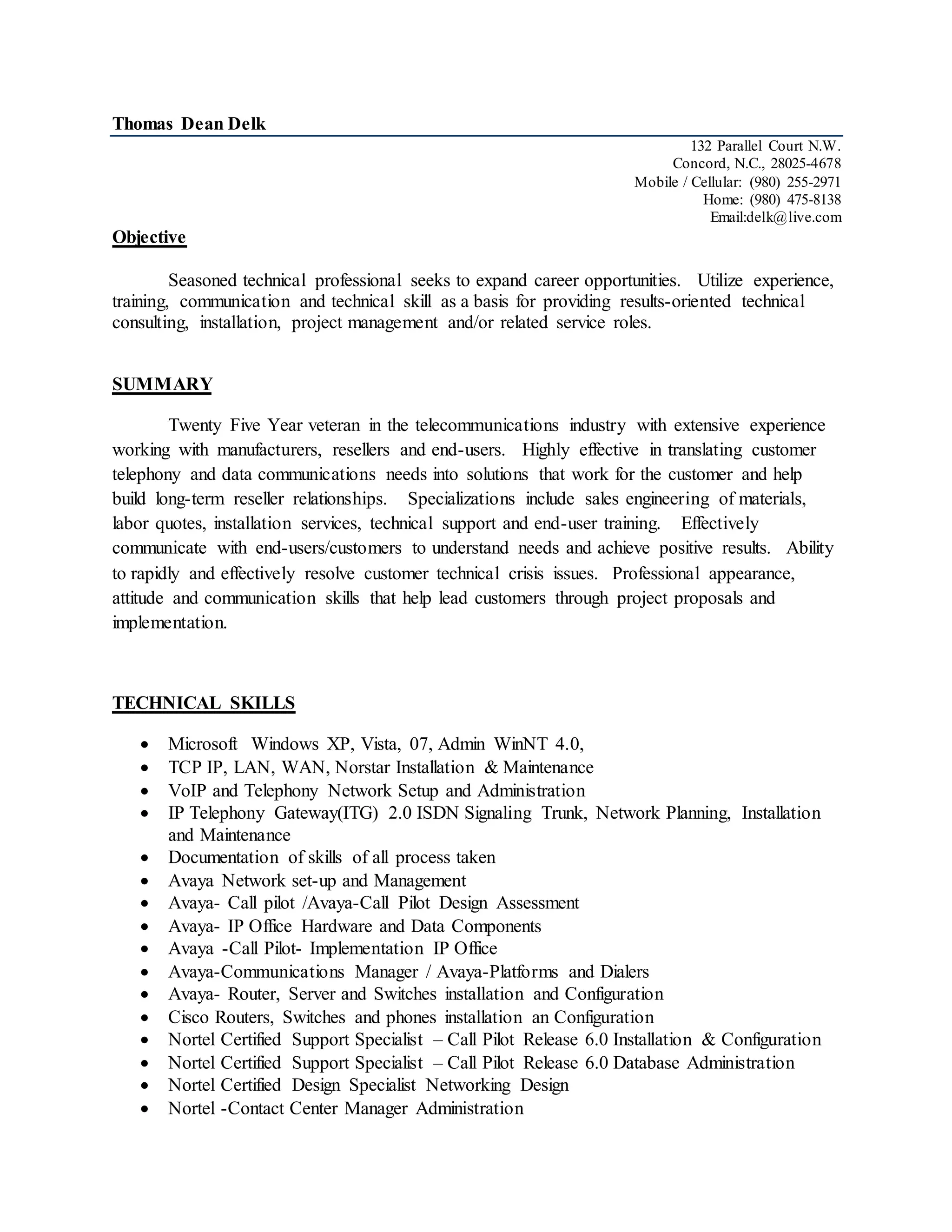 Thomas Dean Delk Resume Only | DOCX