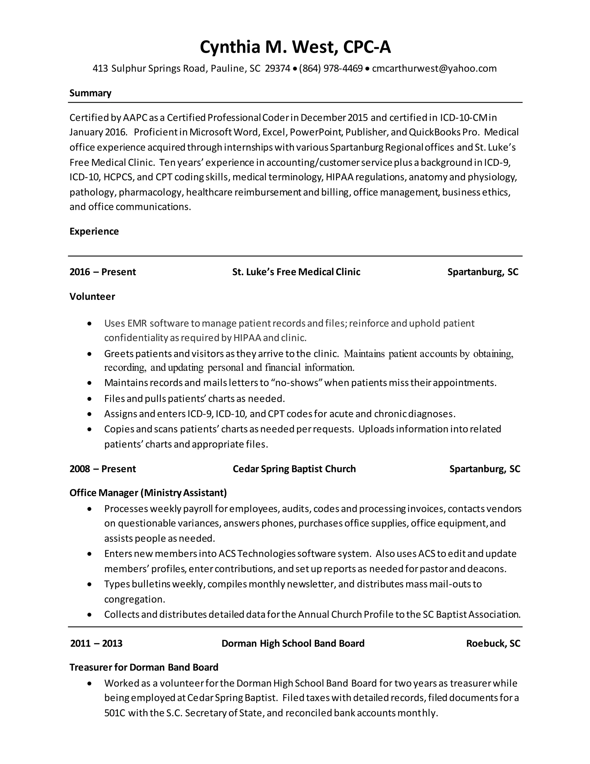 Resume, Cynthia West, December 2015 | DOCX
