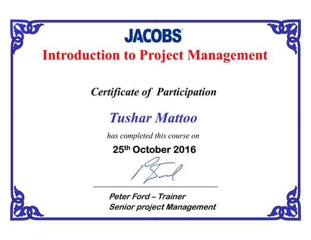 Tushar Mattoo Training Course Certificate Project Management | PPT