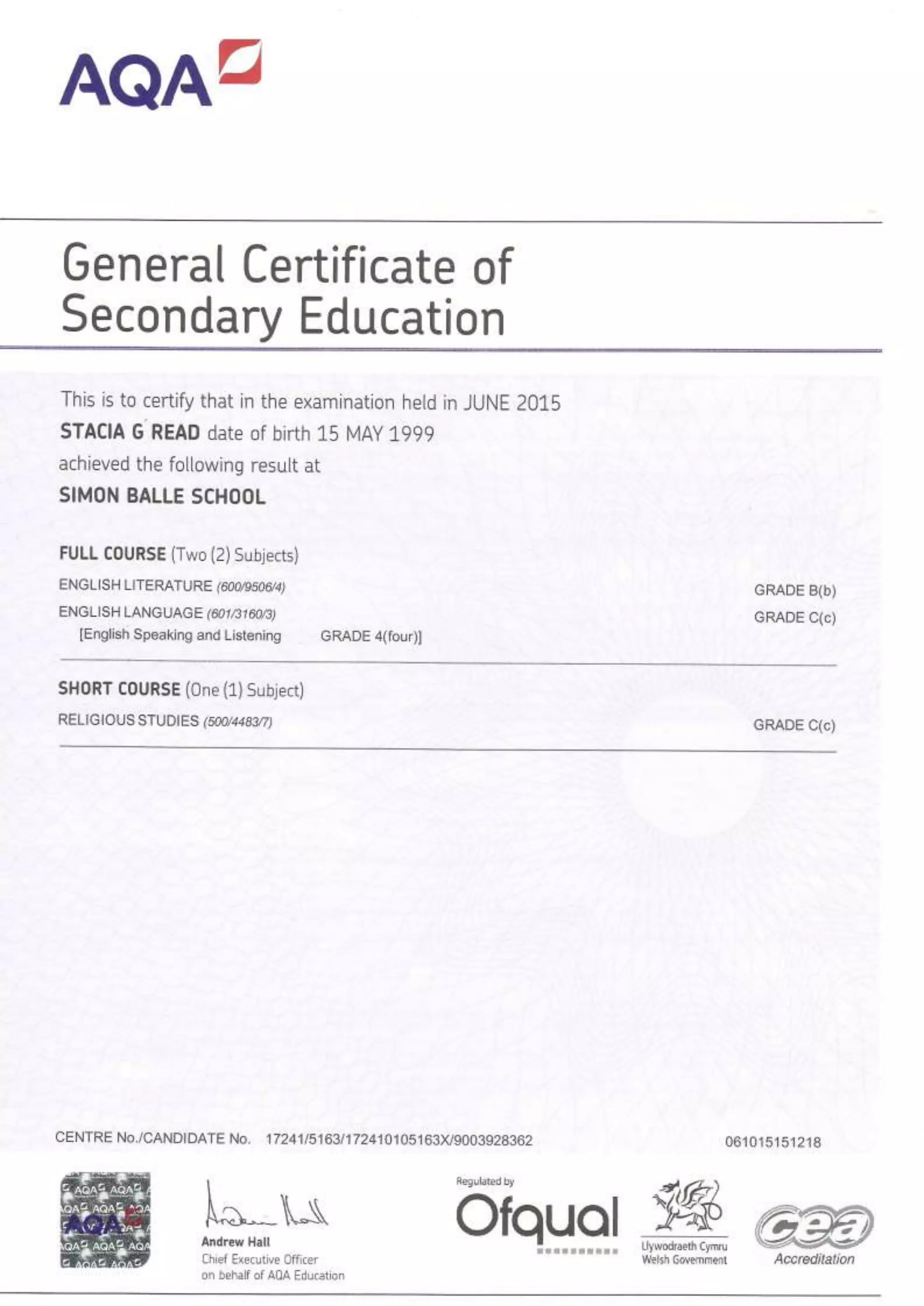 GCSE Certificates | DOCX
