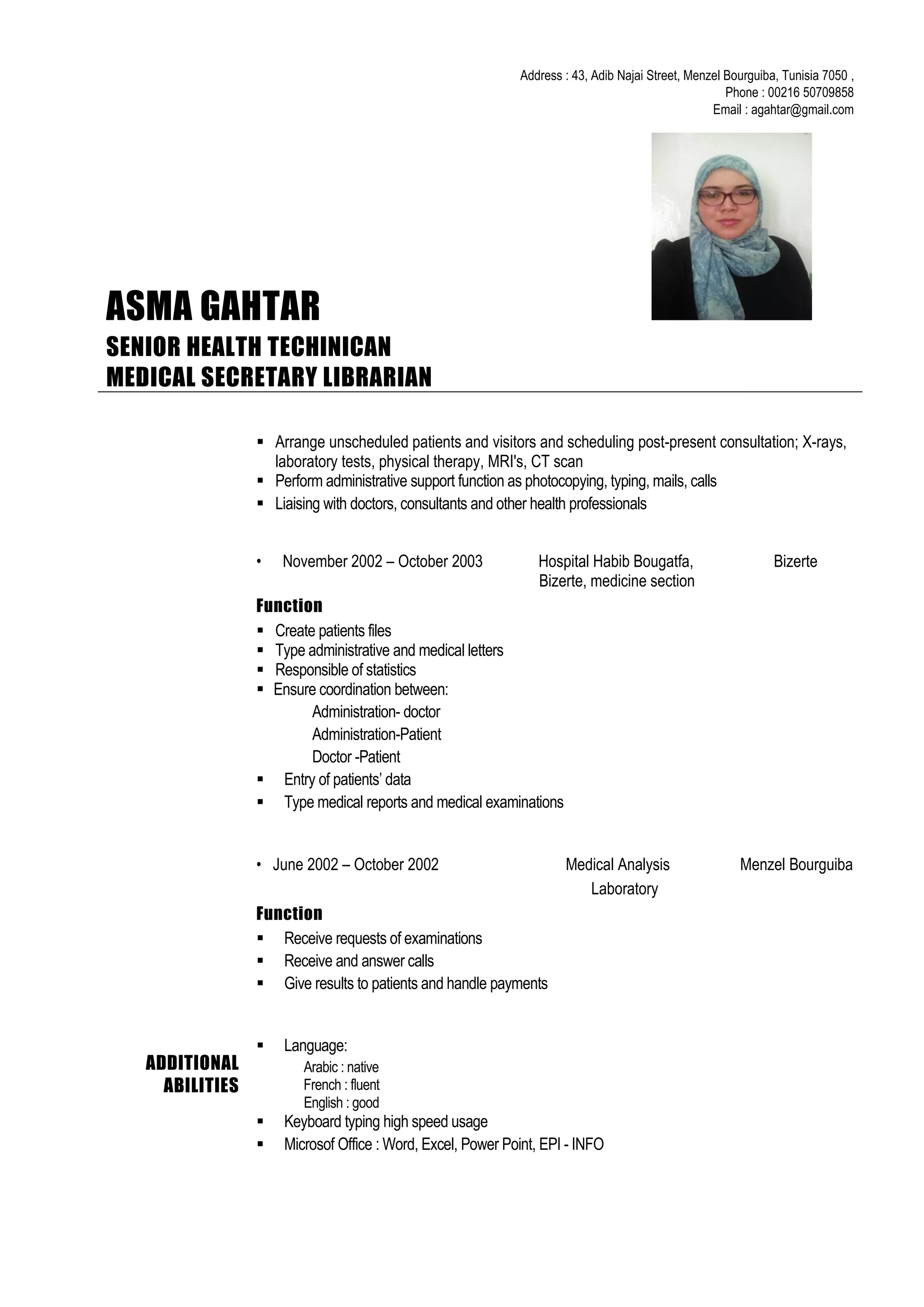 Asma Gahtar cv medical secretary librarian | PDF