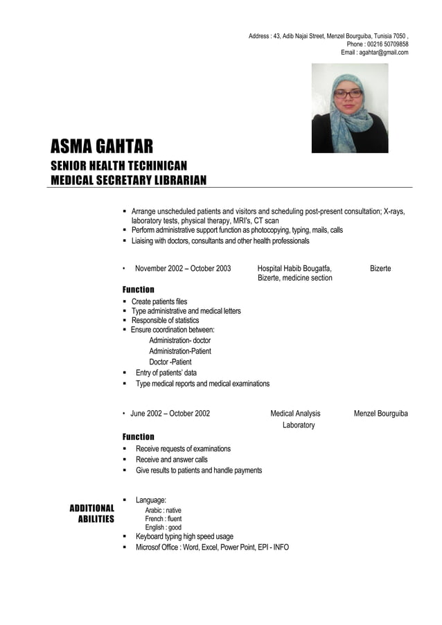 Asma Gahtar cv medical secretary librarian | PDF
