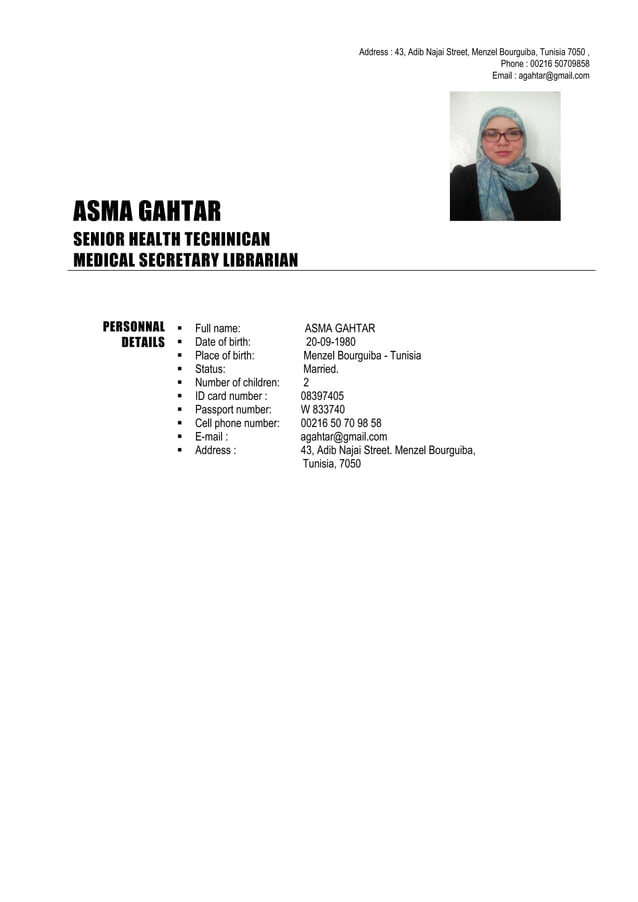 Asma Gahtar cv medical secretary librarian | PDF