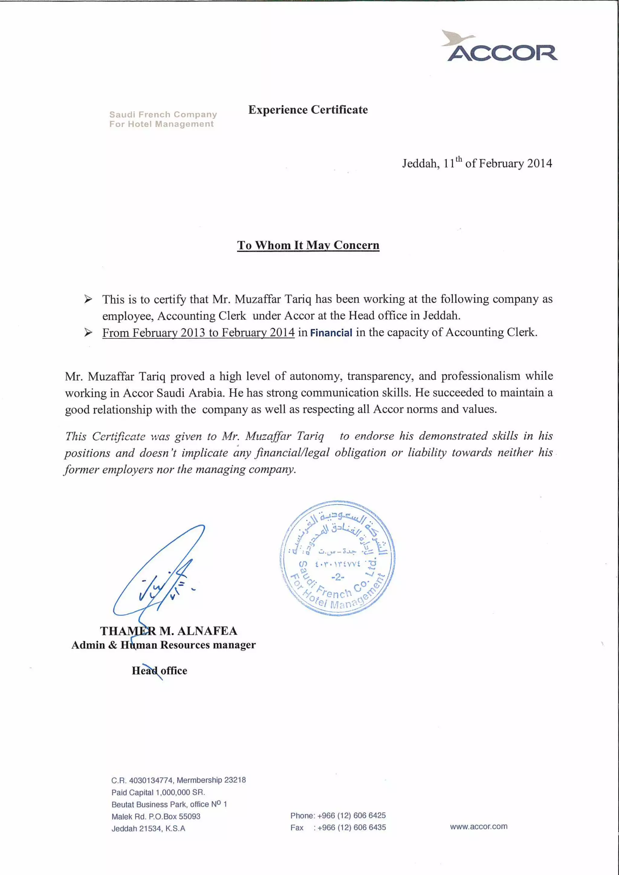 Experience Letter-Accor | PDF