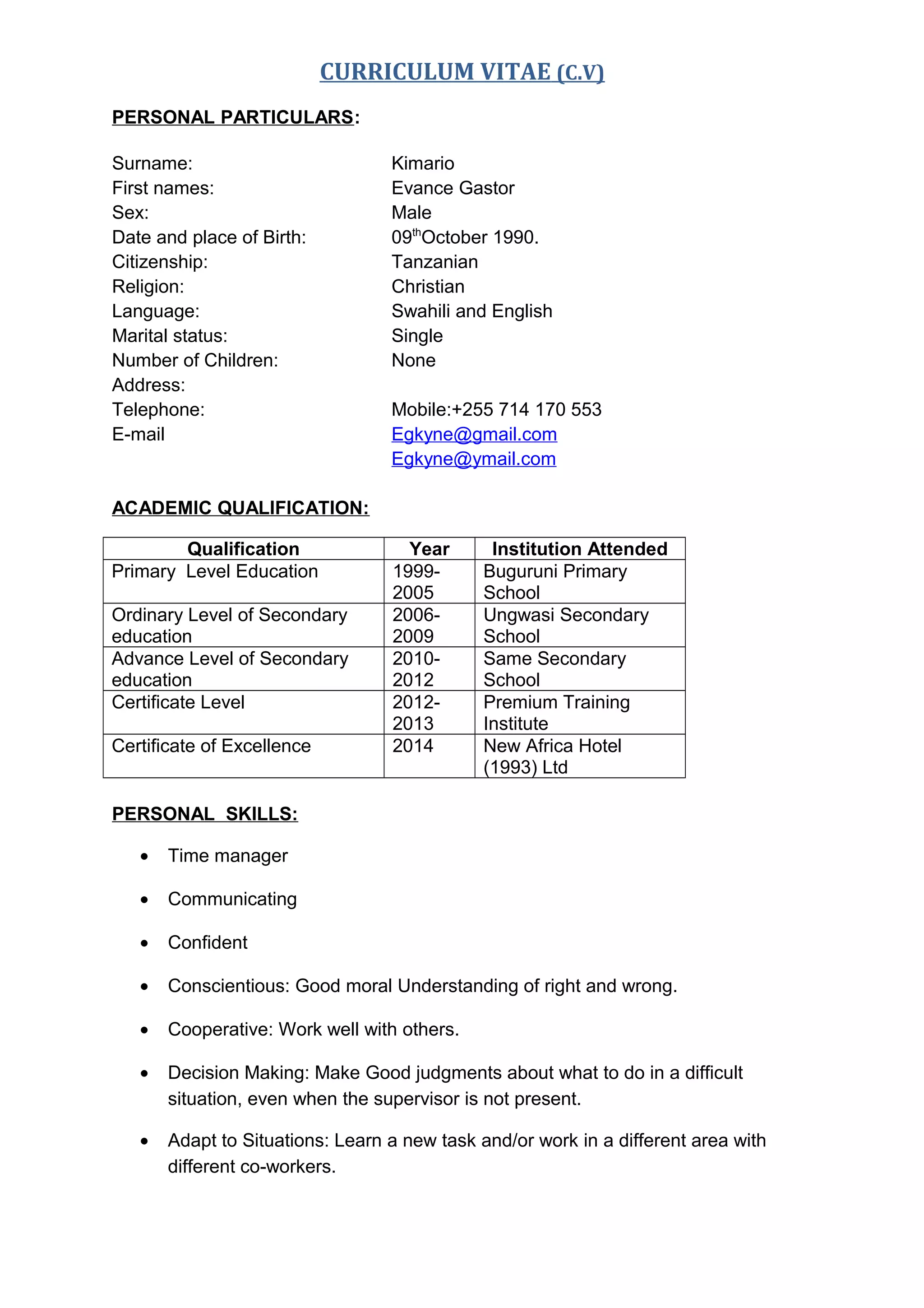 CURRICULUM VITAE - Evance Kimario | DOC