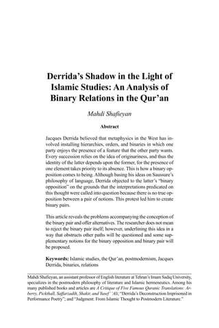 Derrida's Shadow in the Light of Islamic Studies An Analysis of Binary ...
