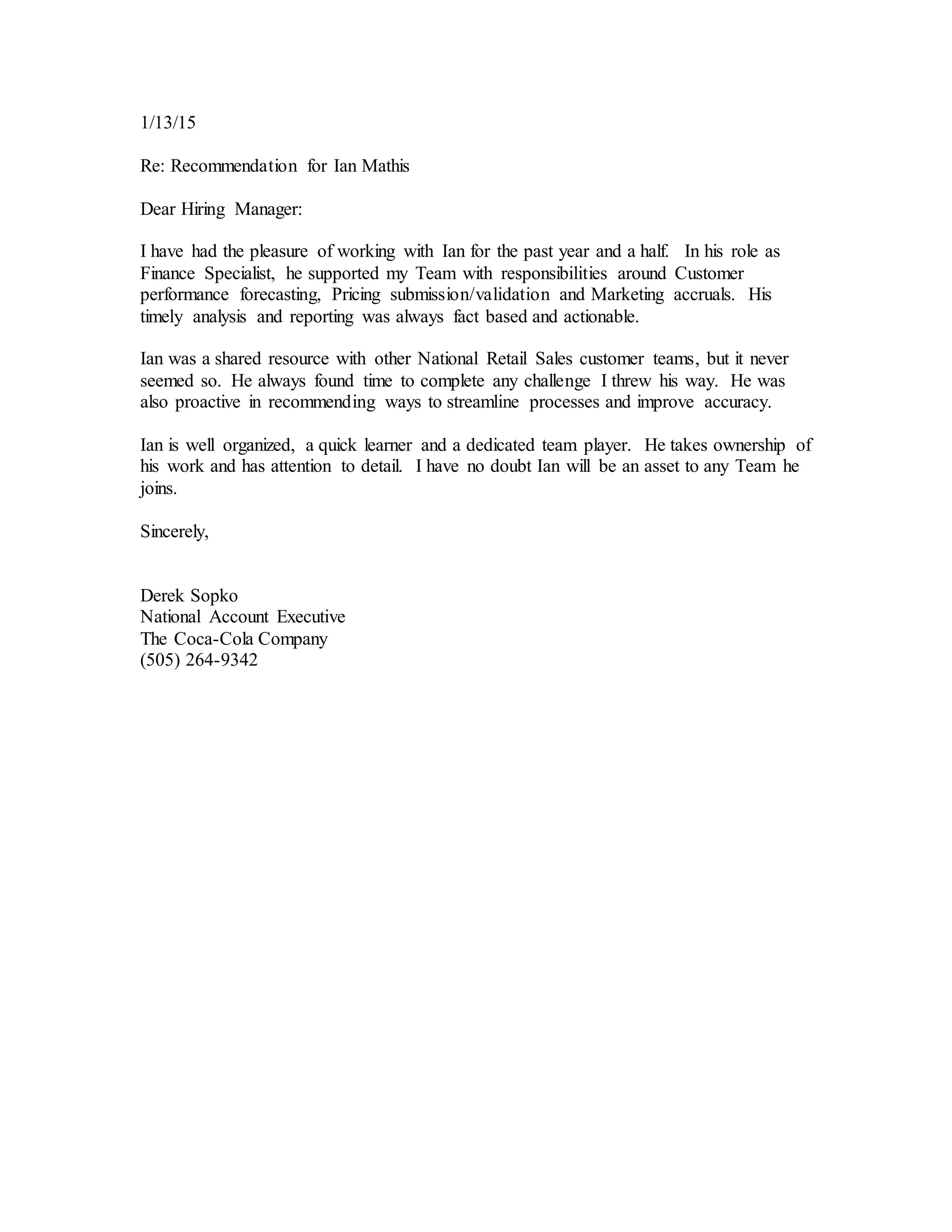 Ian Mathis Letter of Recommendation 1-12-15 | PDF