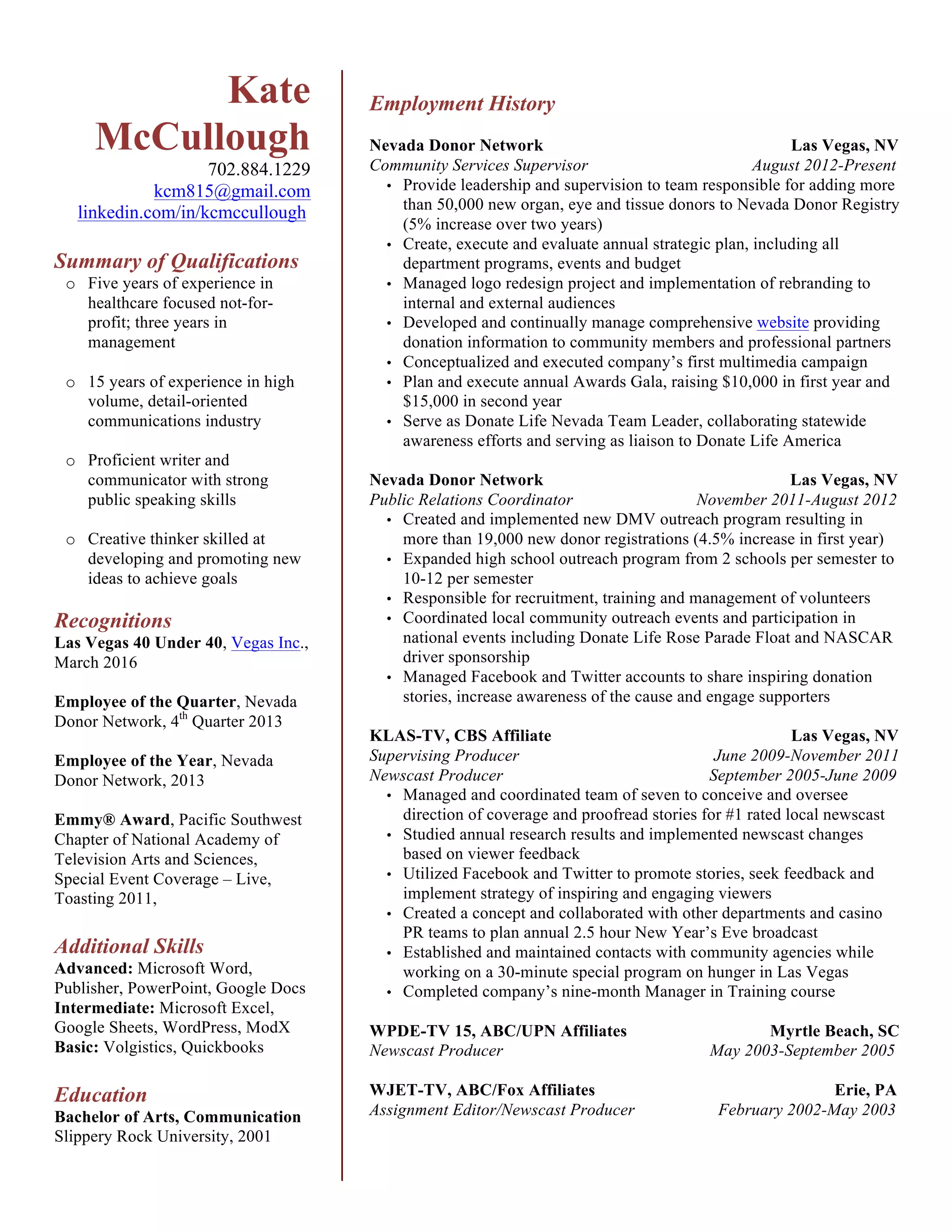 Kate McCullough Resume | PDF | Television | Entertainment