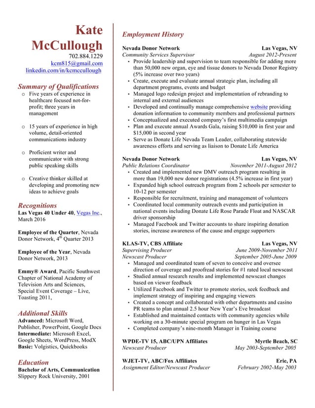 Kate McCullough Resume | PDF | Television | Entertainment