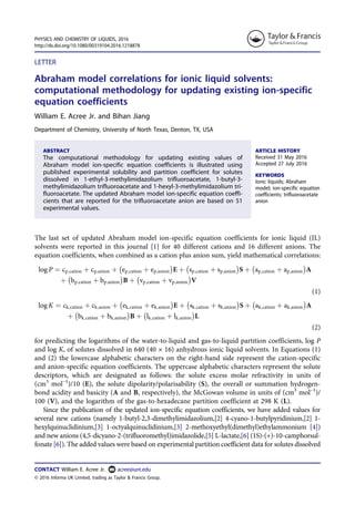Abraham model correlations for ionic liquid solvents computational methodology for updating ...