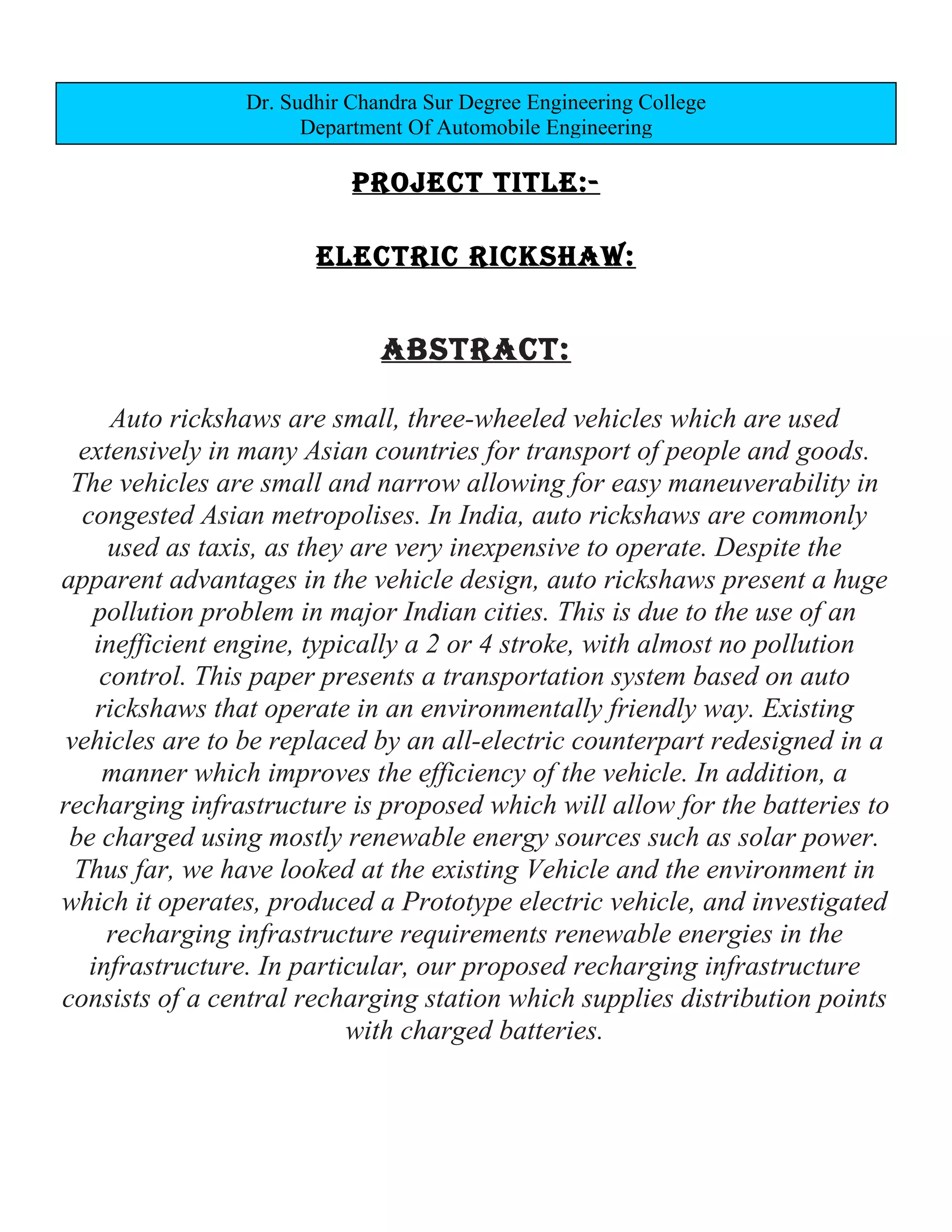 Final Synopsis- Project on Construction of electric vehicle | DOC