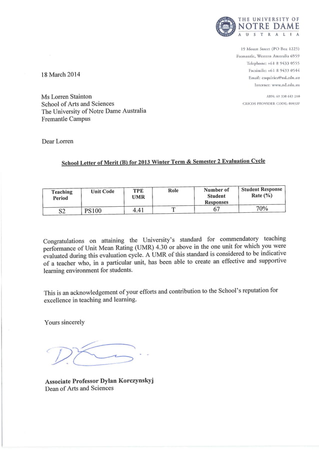 Letter of Merit Notre Dame | PDF