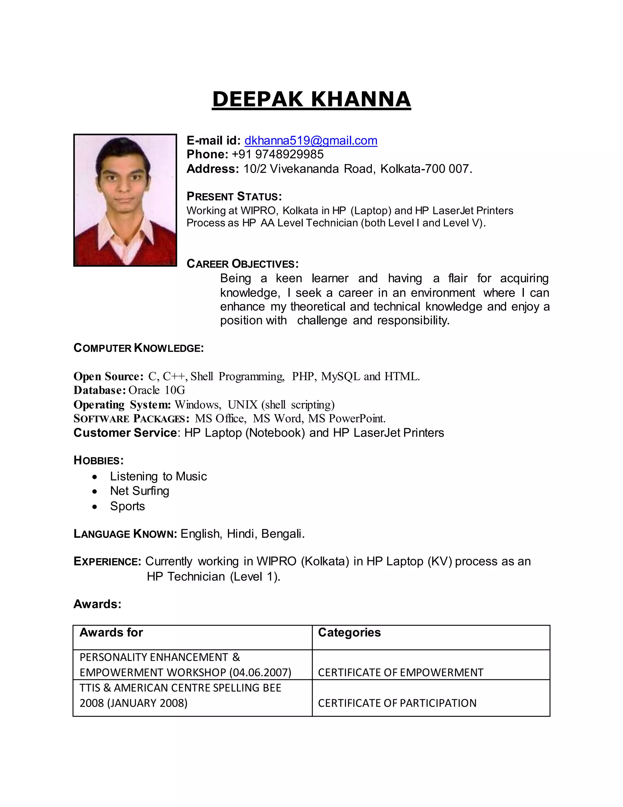 Deepak Khanna Fresher CV | DOCX